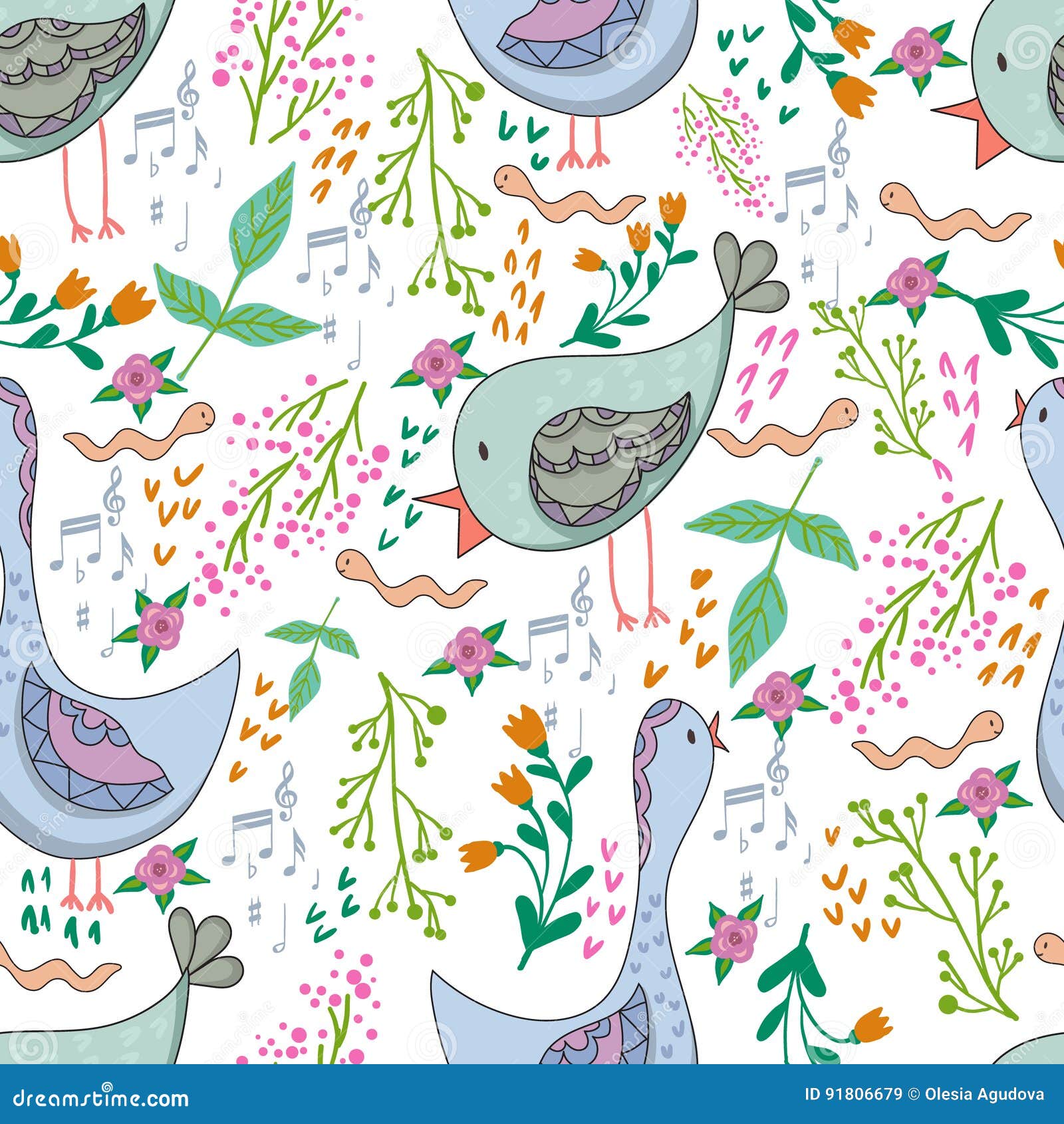 Vector Seamless Pattern of Birds and Flowers in Cartoonish Style. Stock ...