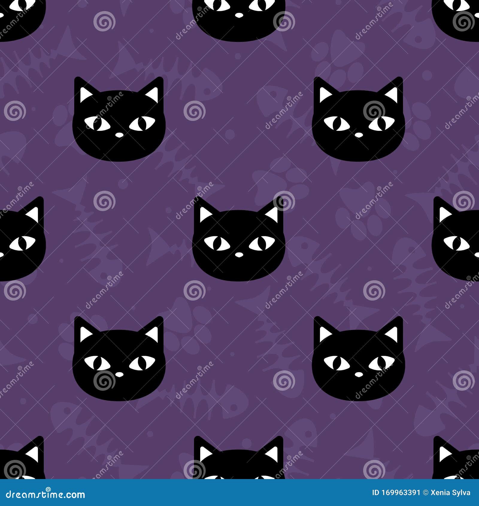 Vector Seamless Pattern with Black Cats on Purple Background. Stock ...