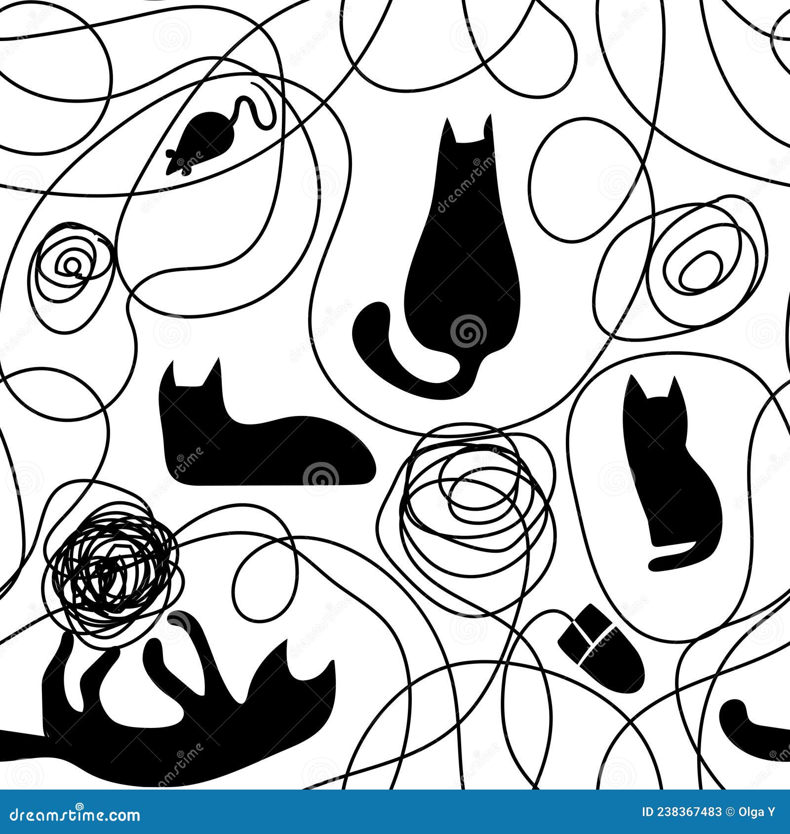Vector Seamless Pattern with Black Cats and Tangled Tangles of Thread ...