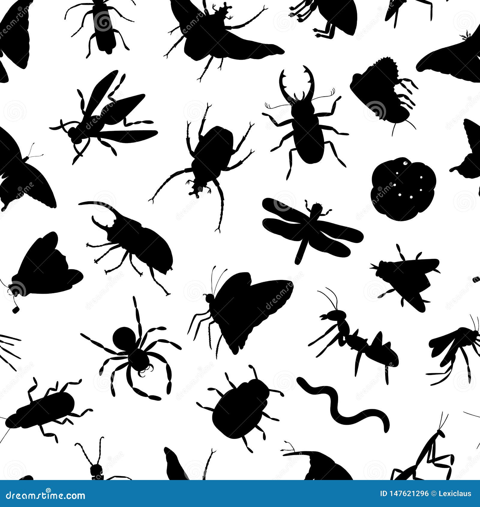 Vector Seamless Pattern of Black Insect Silhouettes Isolated on White ...