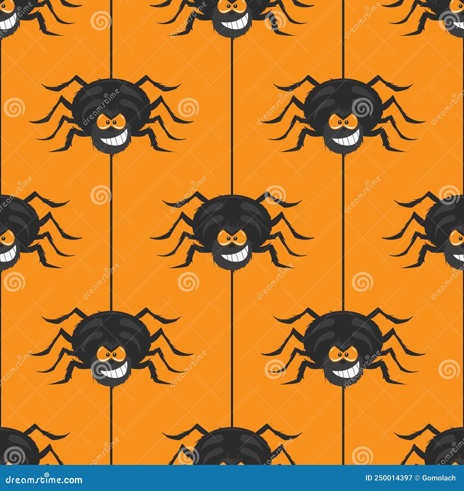 Vector Seamless Pattern with Black Spiders Hanging on a Web on Orange ...