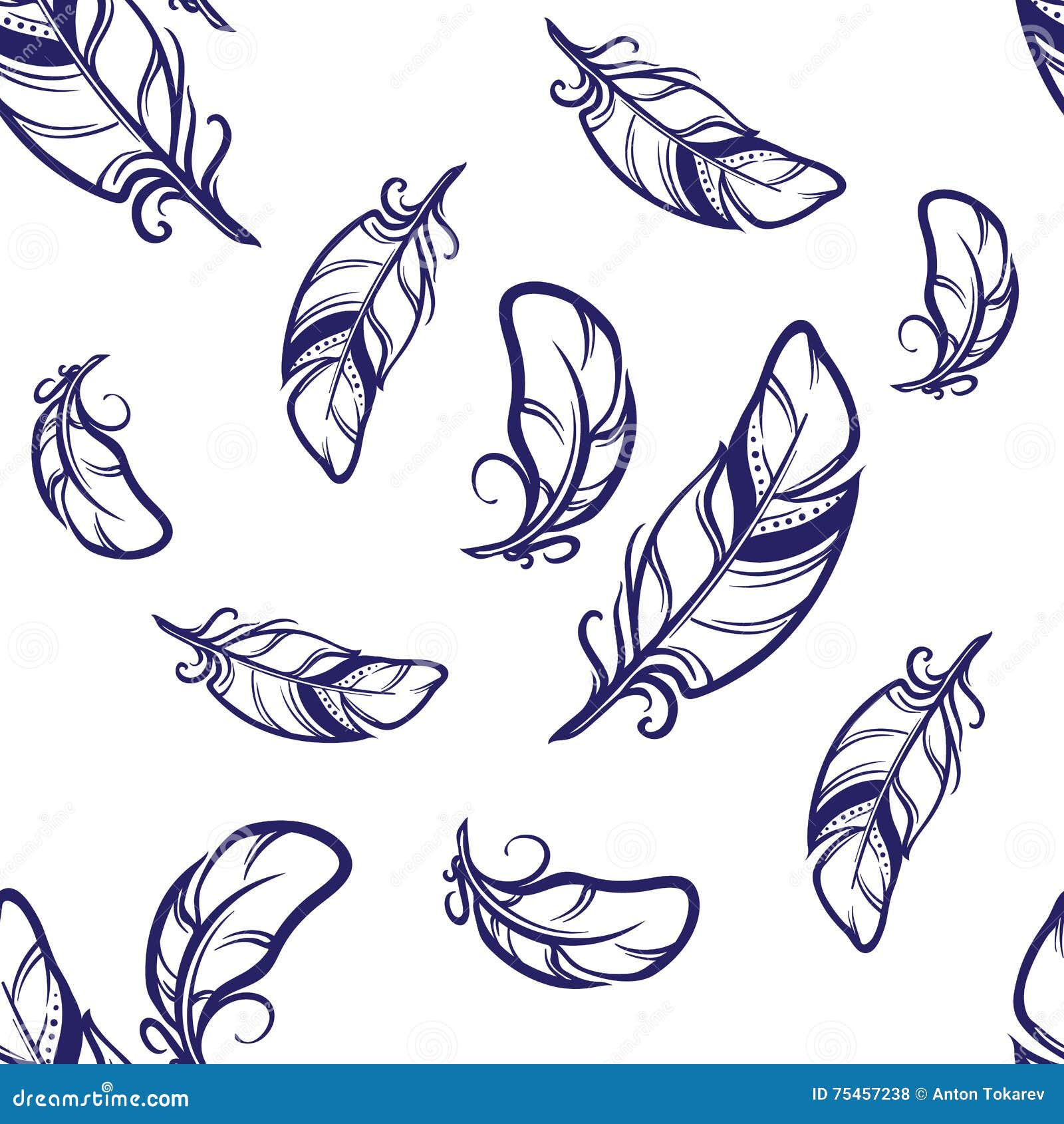 Vector Seamless Pattern with Blue Feathers on White Background Stock ...