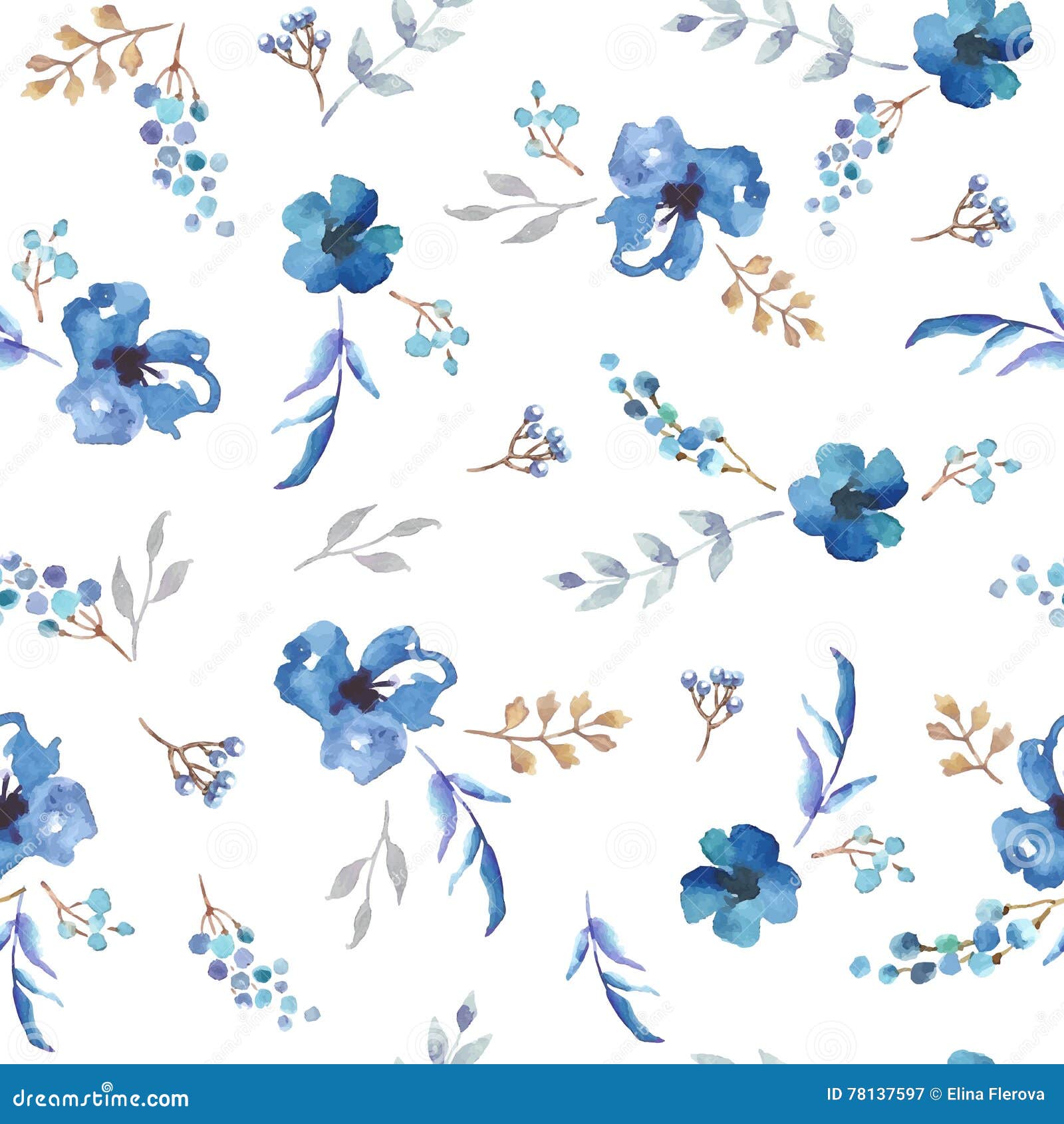 Vector Seamless Pattern with Blue Watercolor Flowers. Stock Vector ...
