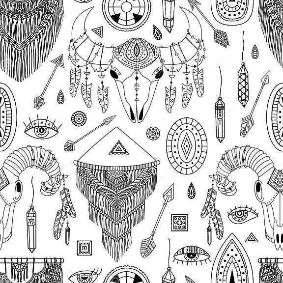 Vector Seamless Pattern with Boho Illustrations. Bohemian Background ...
