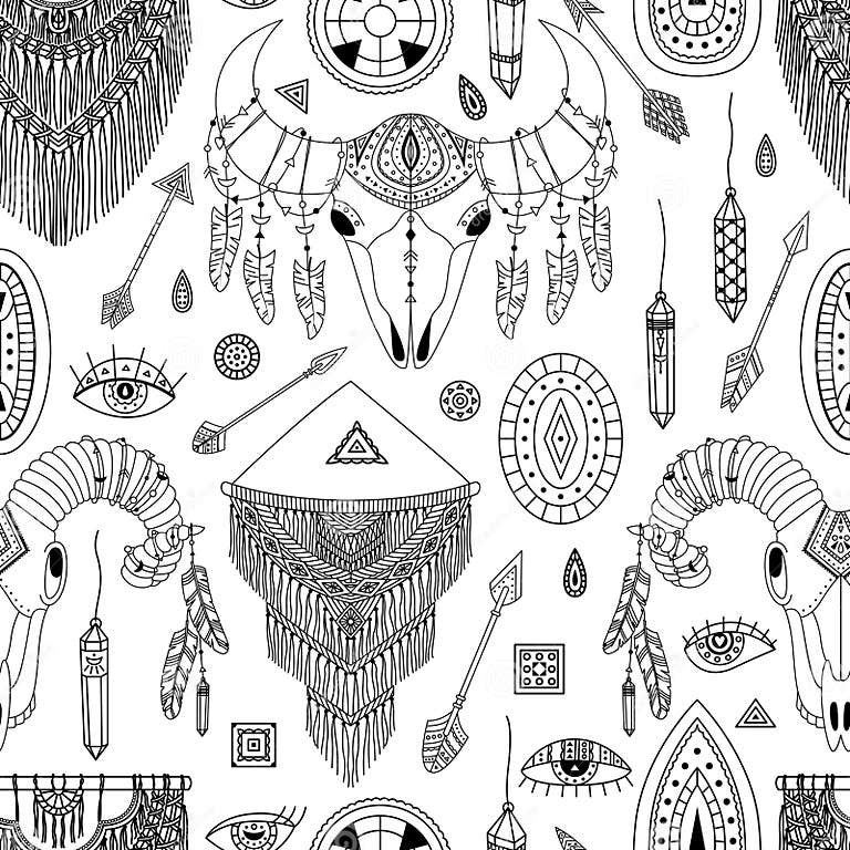 Vector Seamless Pattern with Boho Illustrations. Bohemian Background ...