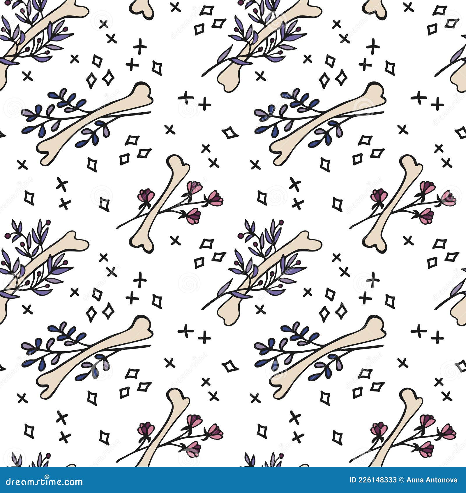 Vector Seamless Pattern with Bones and Plants. Hand Drawn Illustration ...