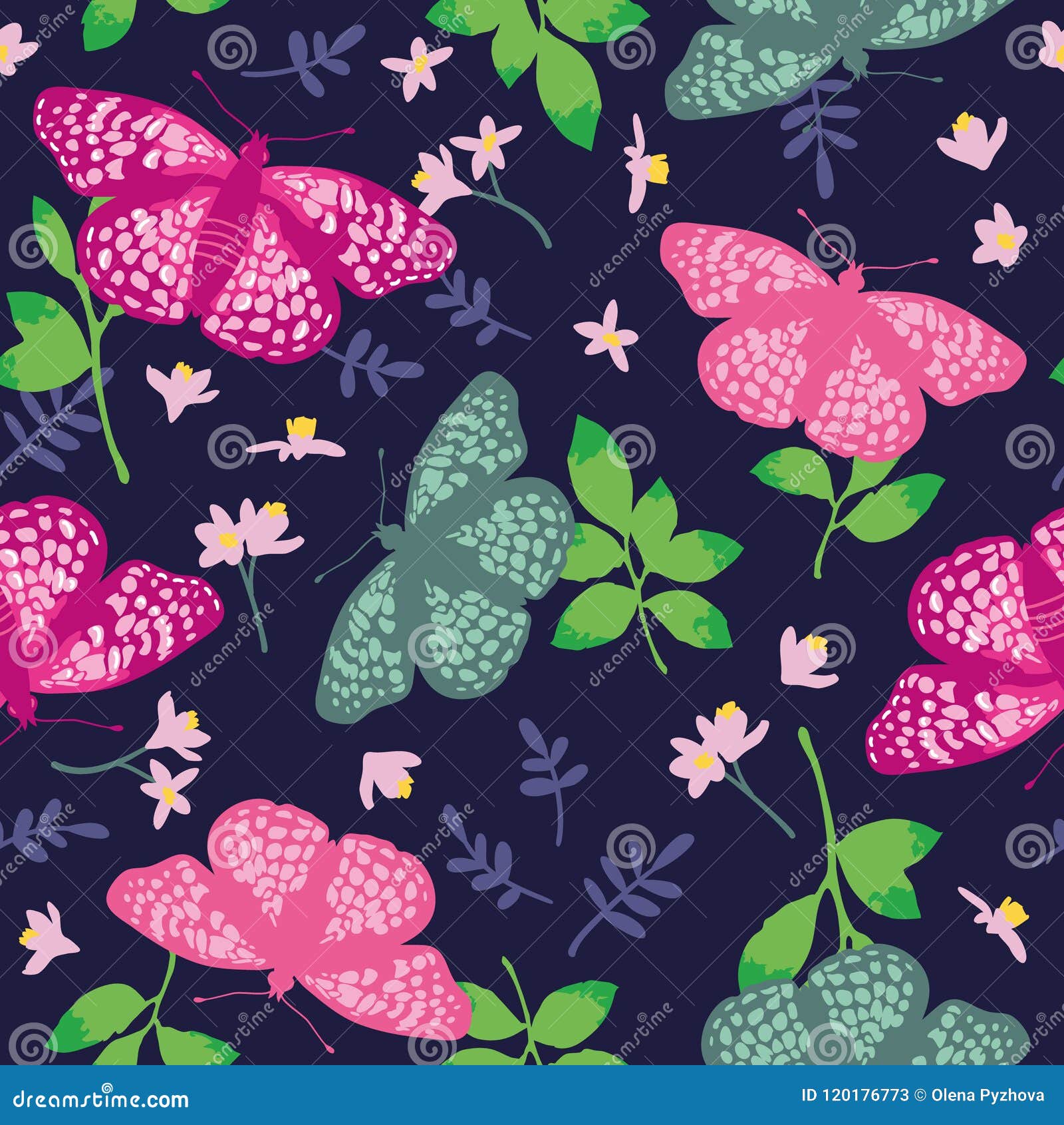 Vector Seamless Pattern with Bright Butterflies. Hand Drawn Texture ...