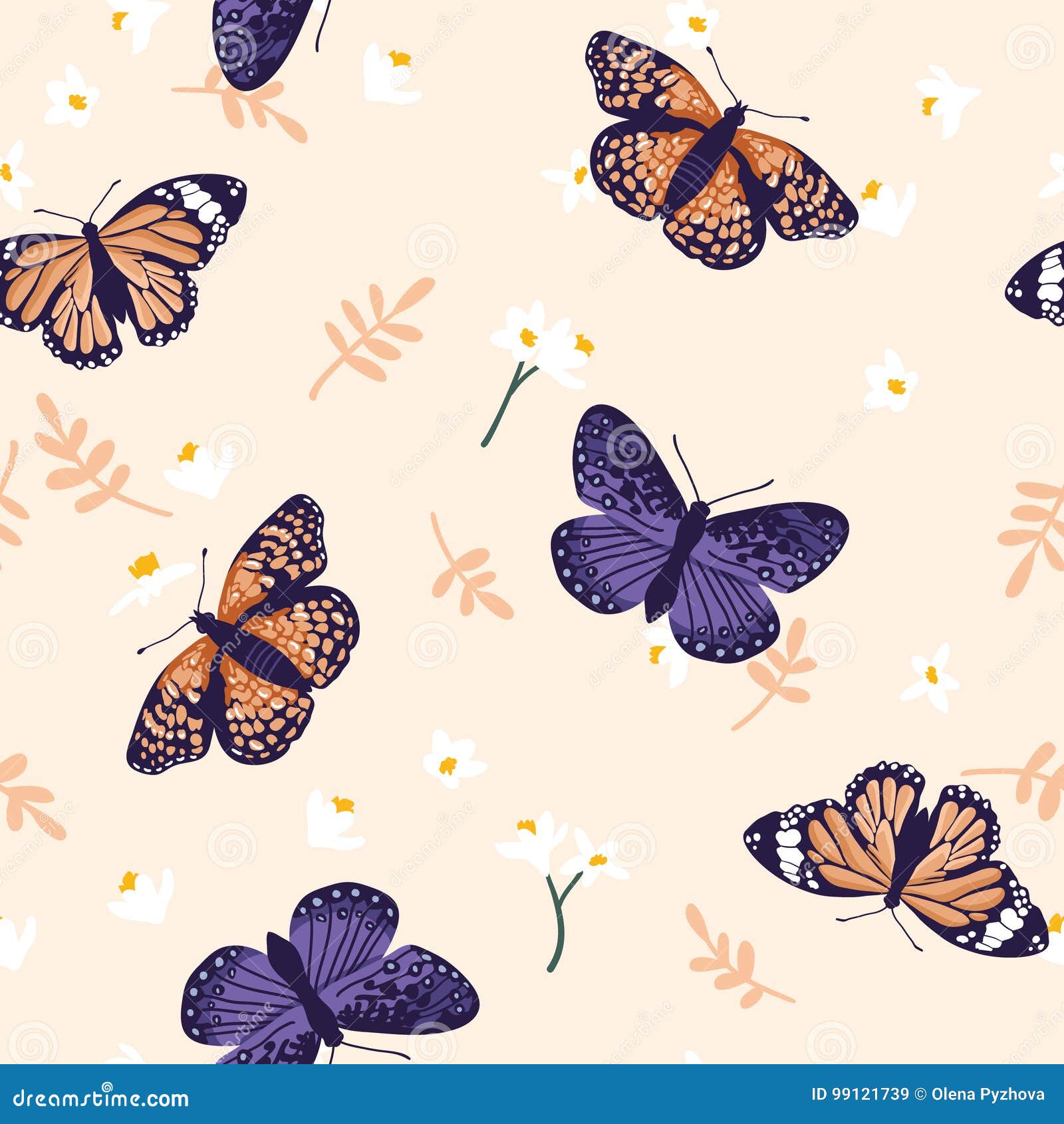 Vector Seamless Pattern with Bright Butterflies. Hand Drawn Texture ...