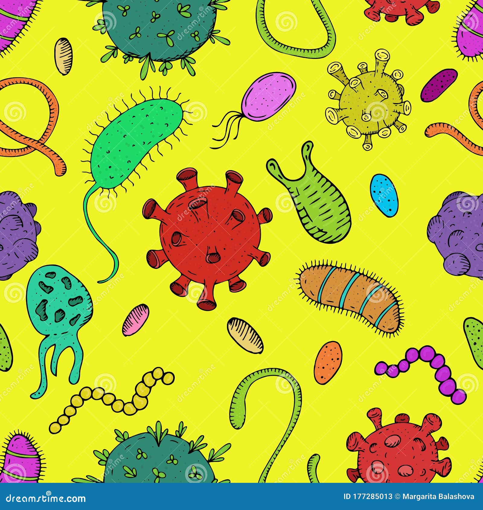 Vector Seamless Pattern, Bright Colored Viruses and Bacteria on a ...