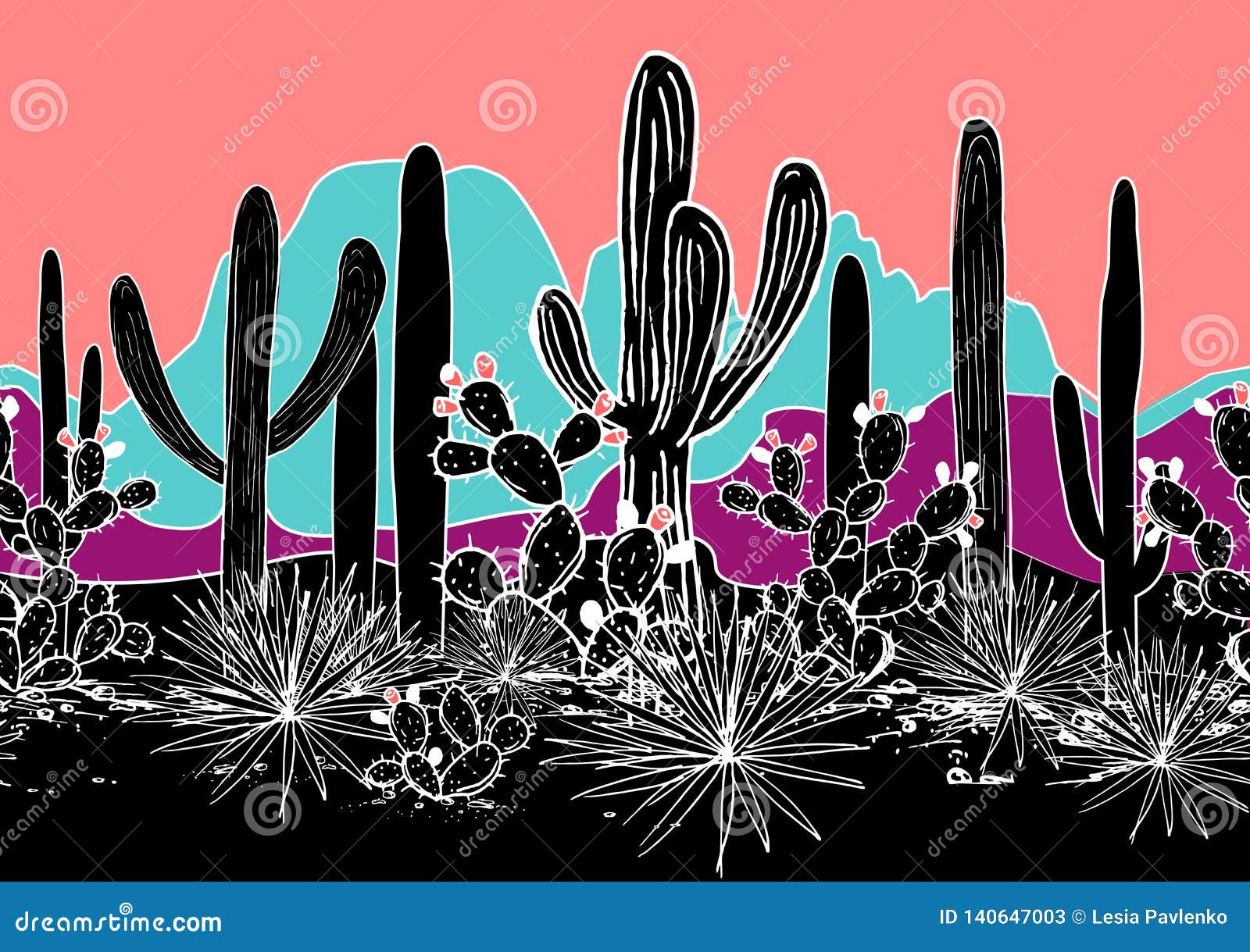 Vector Seamless Pattern with Cacti, and Mountains. Wild Cactus Forest ...