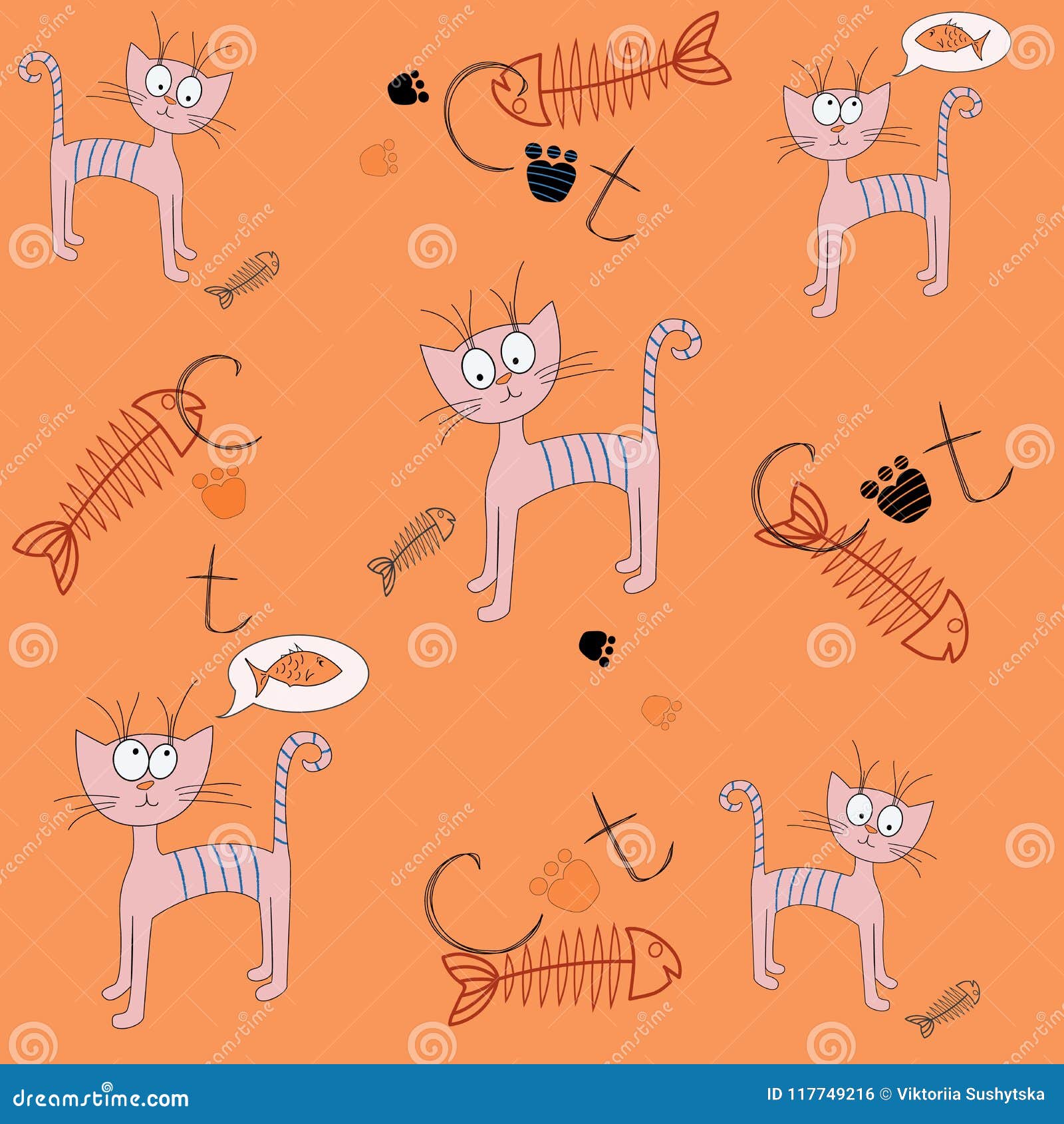 Vector Seamless Pattern with a Cartoon Cat. Illustration of a Hungry ...