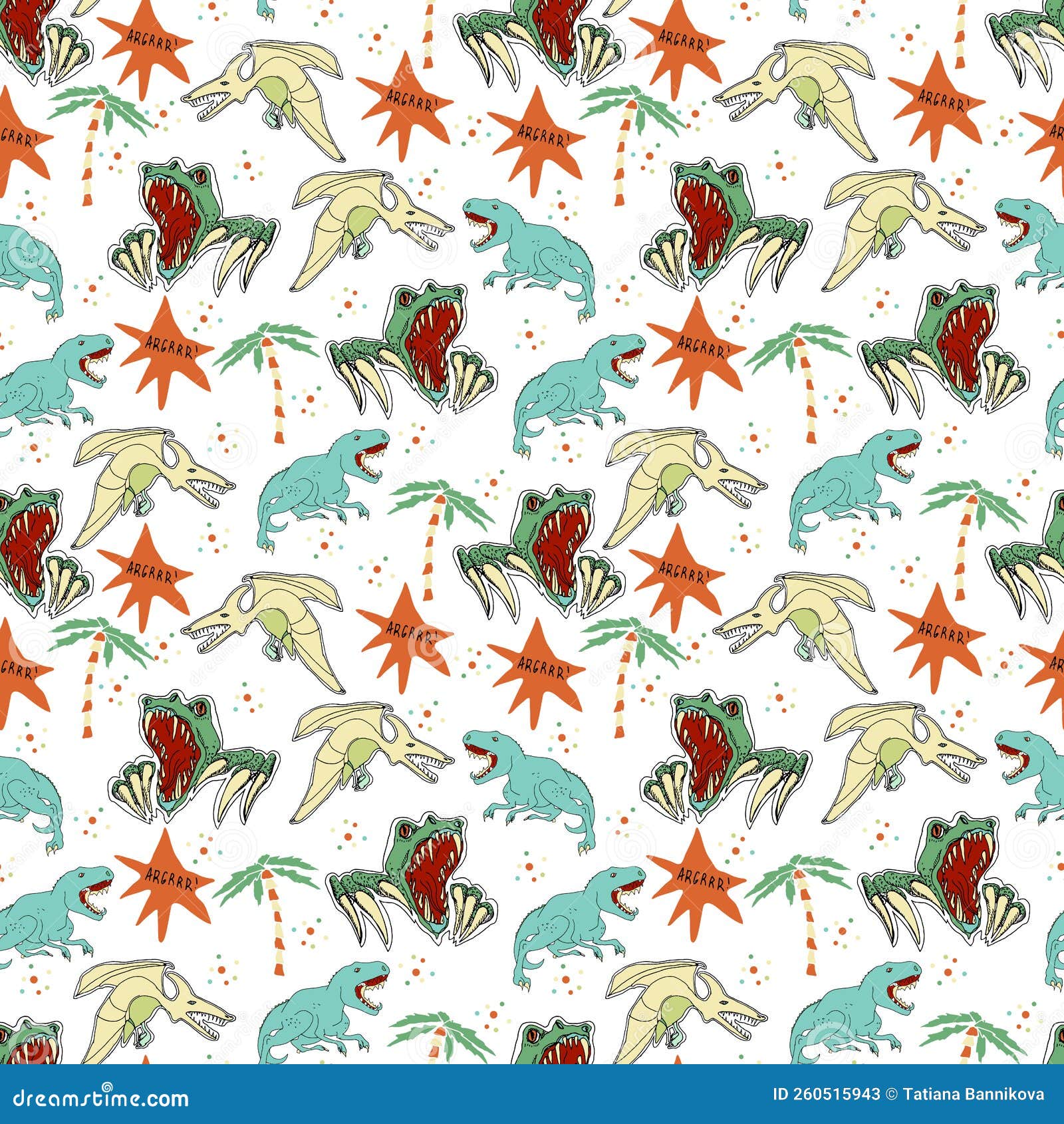 Vector Seamless Pattern with Cartoon Dinosaurs. Hand Drawn Doodle Background for Kids Stock ...