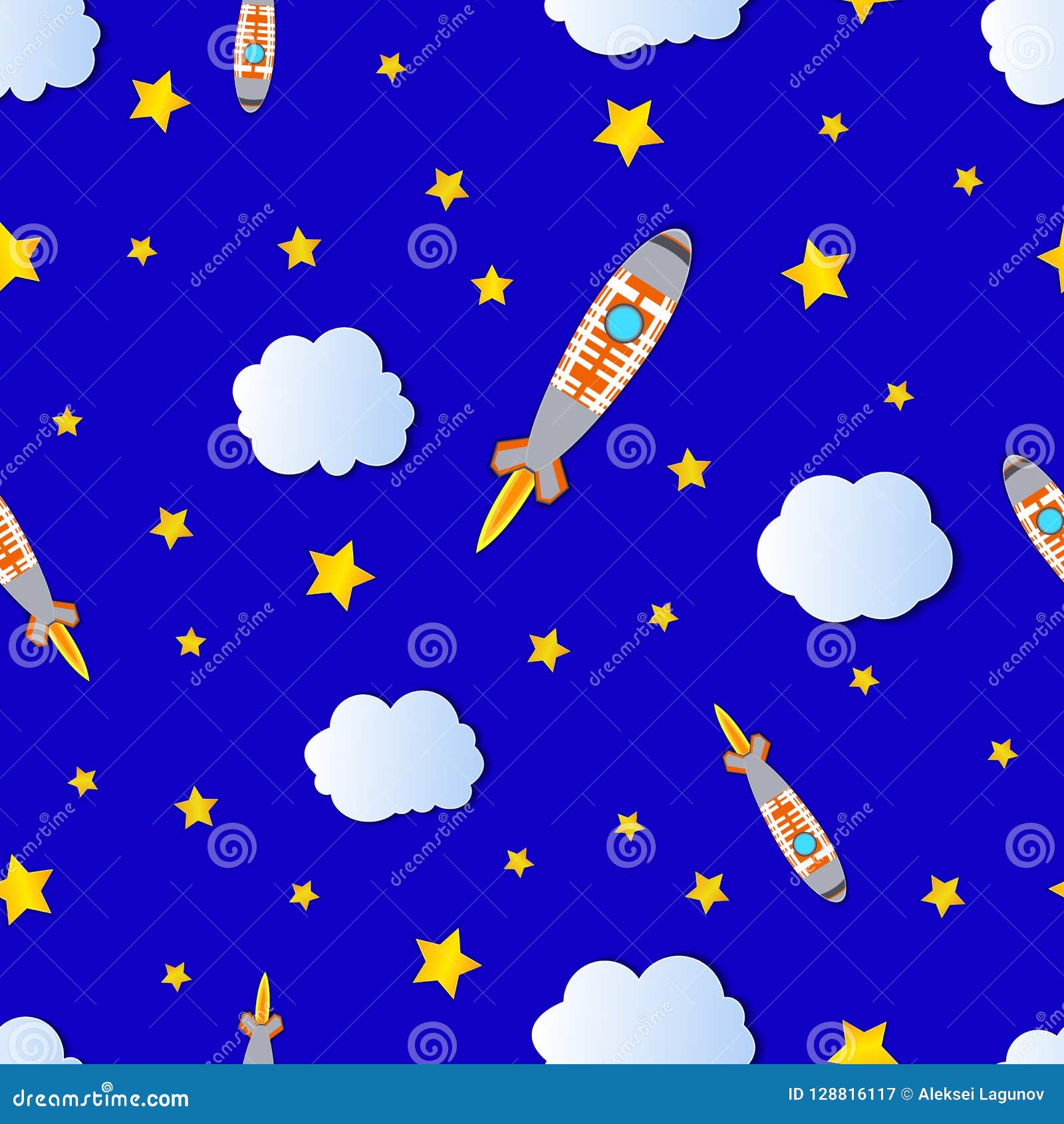 Vector Seamless Pattern: Cartoon Space, Cloudy and Starry Bright Blue ...