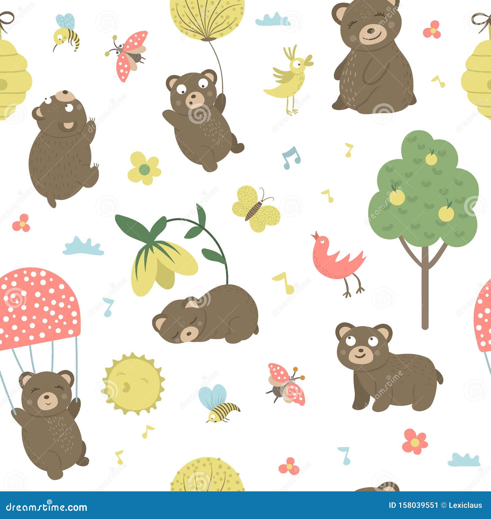 Vector Seamless Pattern of Cartoon Style Hand Drawn Flat Bears in ...