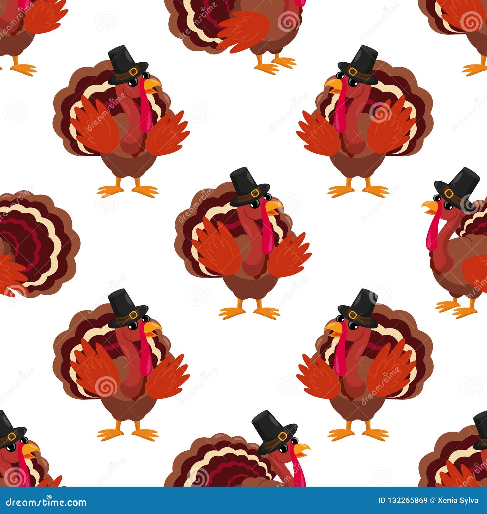 Vector Seamless Pattern with Cartoon Turkeys on White Background. Stock ...