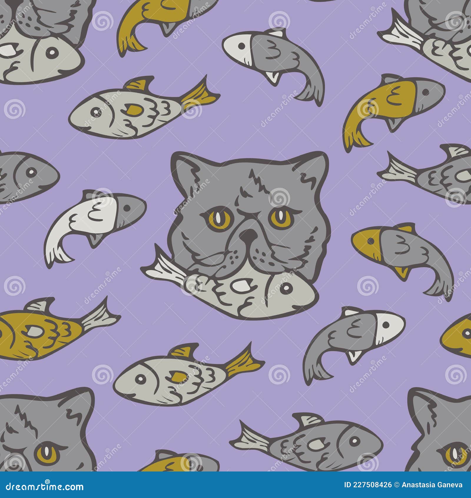 Vector Seamless Pattern with Cats Faces and Fish. Stock Vector ...