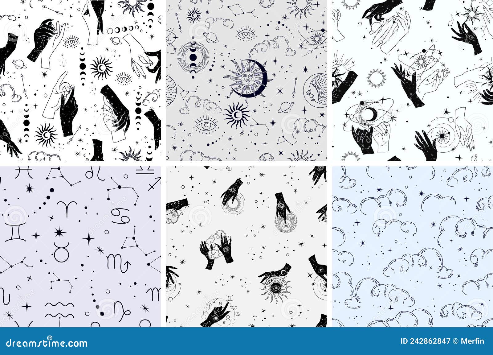 Vector Seamless Pattern with Celestial Mystic Esoteric Magic Elements Constellations and Stars ...