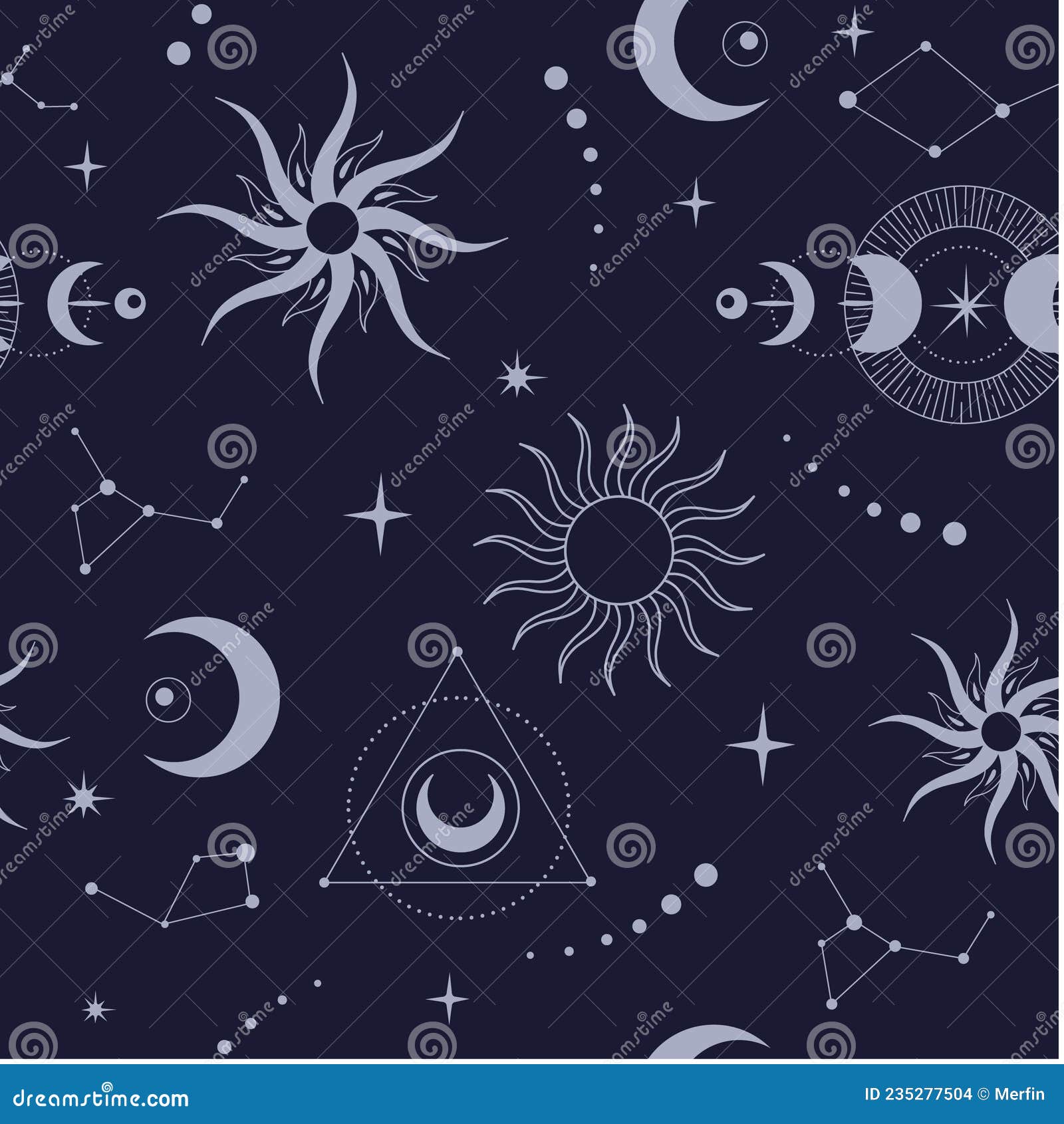 Vector Seamless Pattern with Celestial Mystic Esoteric Magic Elements Sun Moon and Clouds ...