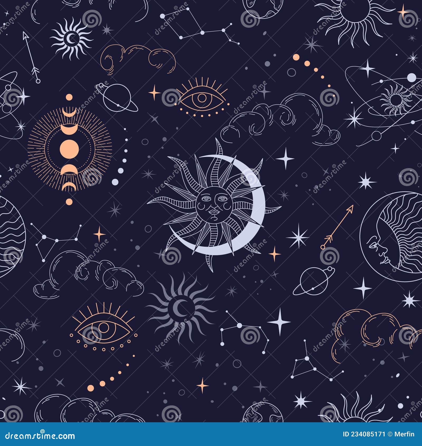 Vector Seamless Pattern with Celestial Mystic Esoteric Magic Elements ...