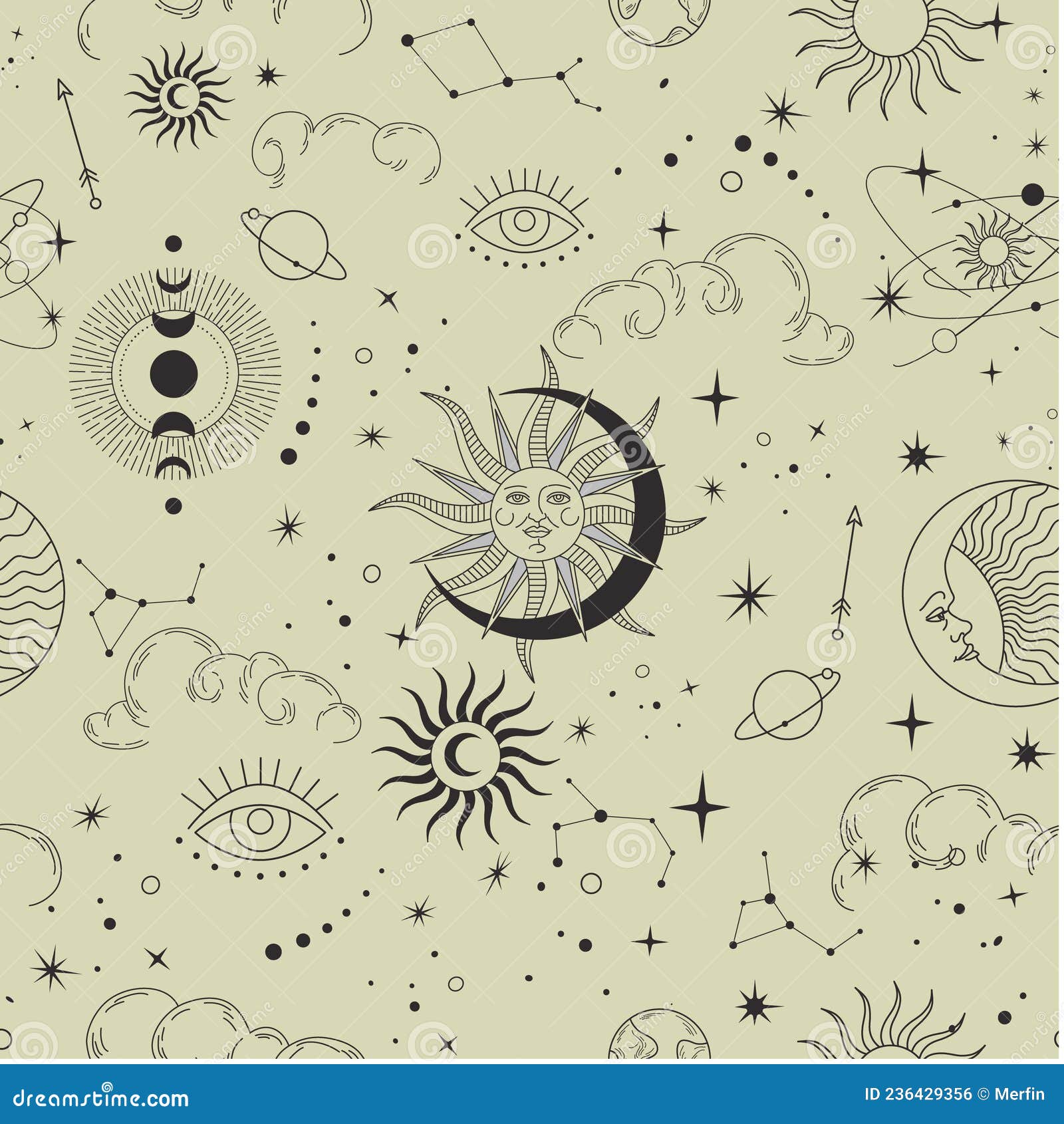 Vector Seamless Pattern with Celestial Mystic Esoteric Magic Elements ...