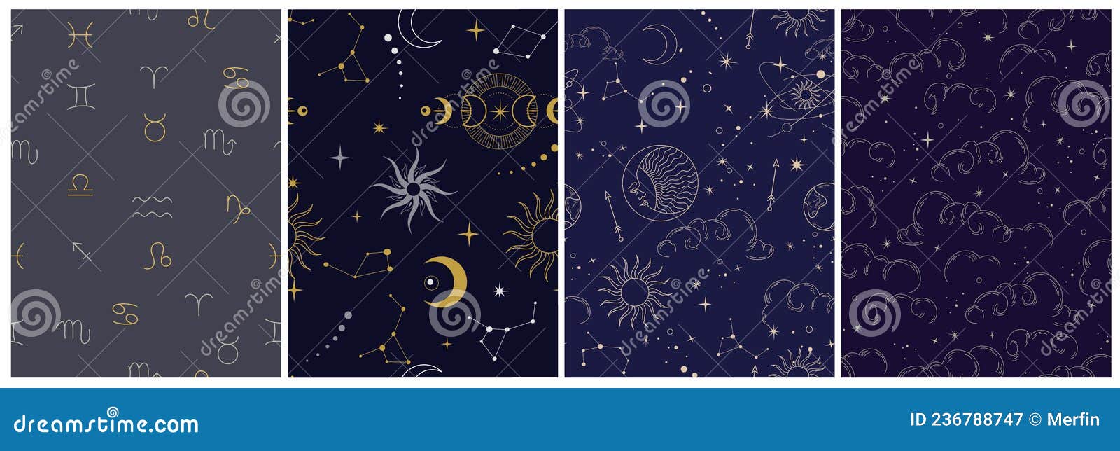 Vector Seamless Pattern with Celestial Mystic Esoteric Magic Elements Sun Moon and Clouds ...