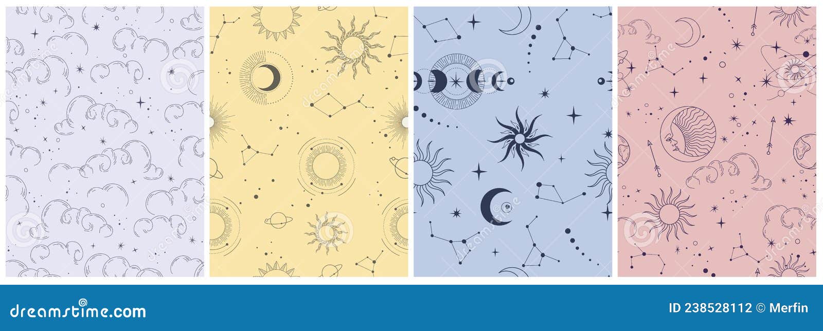 Vector Seamless Pattern with Celestial Mystic Esoteric Magic Elements Sun Moon and Clouds ...
