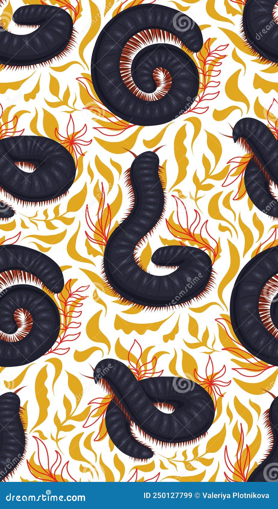 Vector Seamless Pattern with Centipedes with Foliage and Stems. Trendy ...