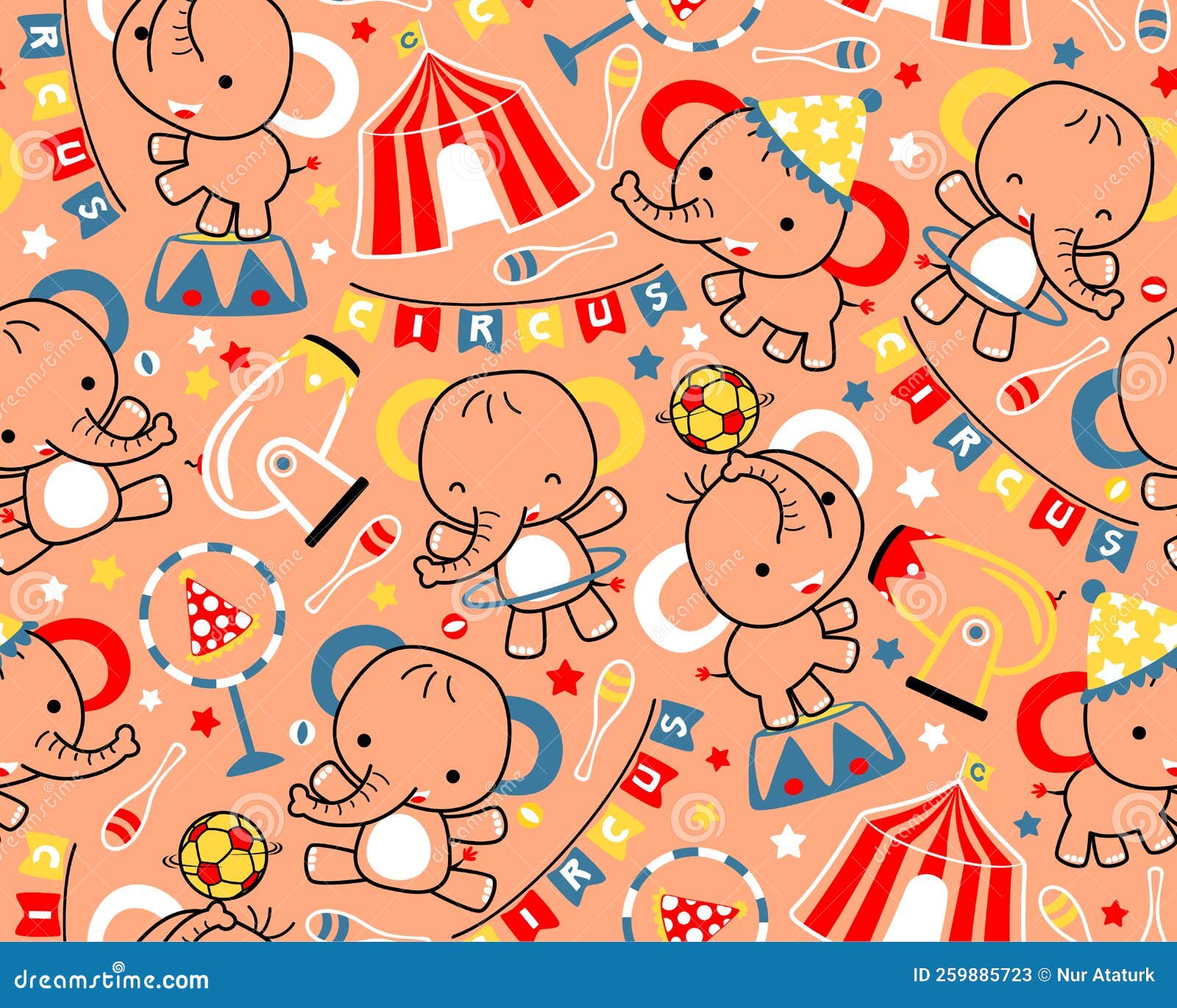 Vector Seamless Pattern of Circus Cartoon Animals with Elephants ...