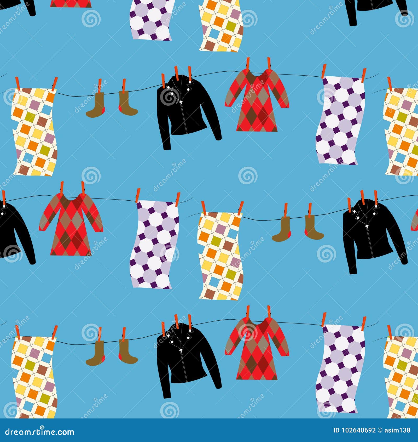 Vector Seamless Pattern with Clothes in Laundry Isolated on Blue ...