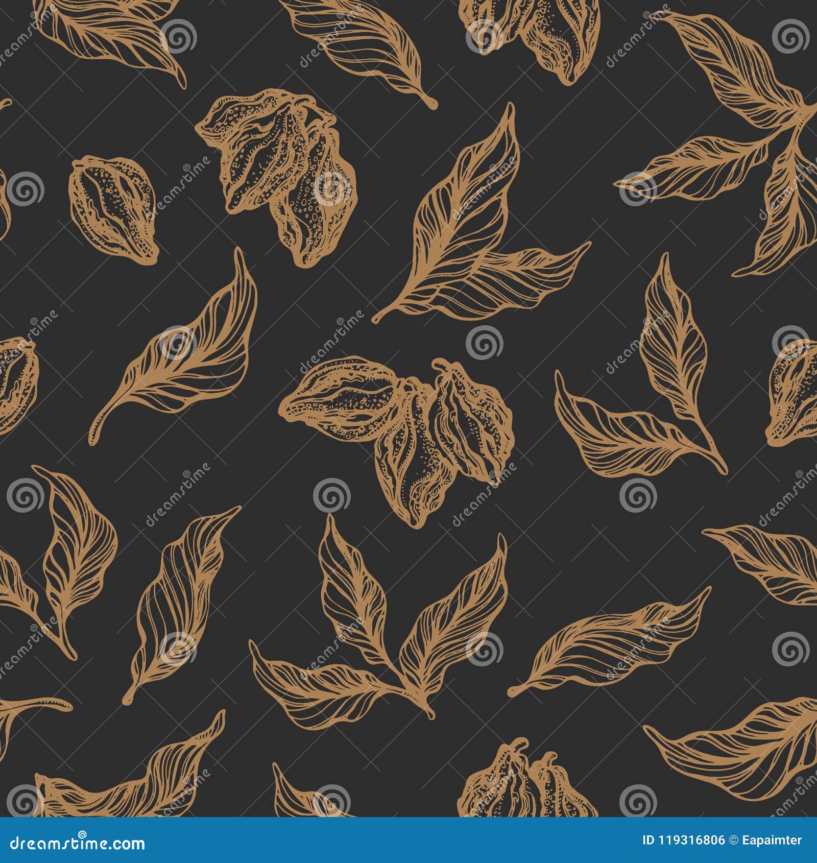 Vector Seamless Pattern of Cocoa Tree Leaf Stock Vector - Illustration ...