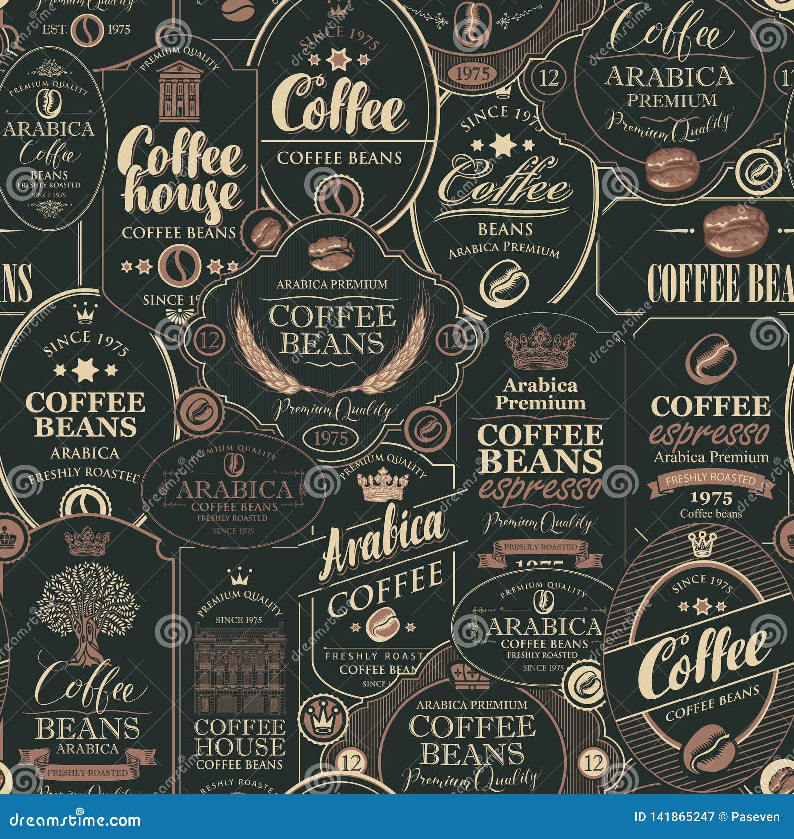Vector Seamless Pattern with Various Coffee Labels Stock Vector ...