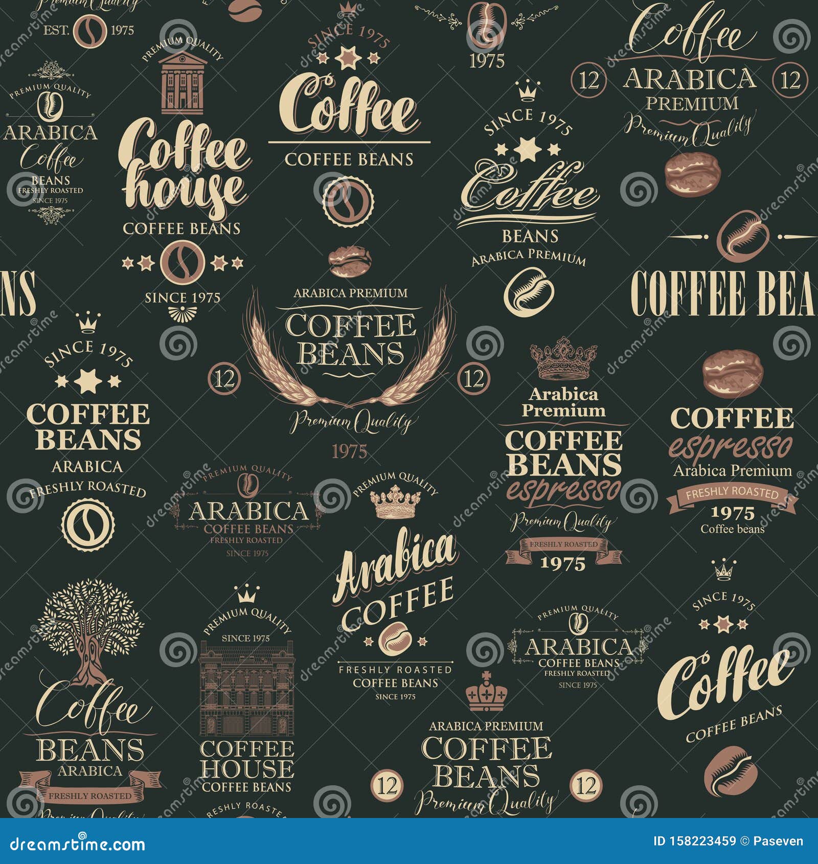 Vector Seamless Pattern with Various Coffee Labels Stock Vector ...