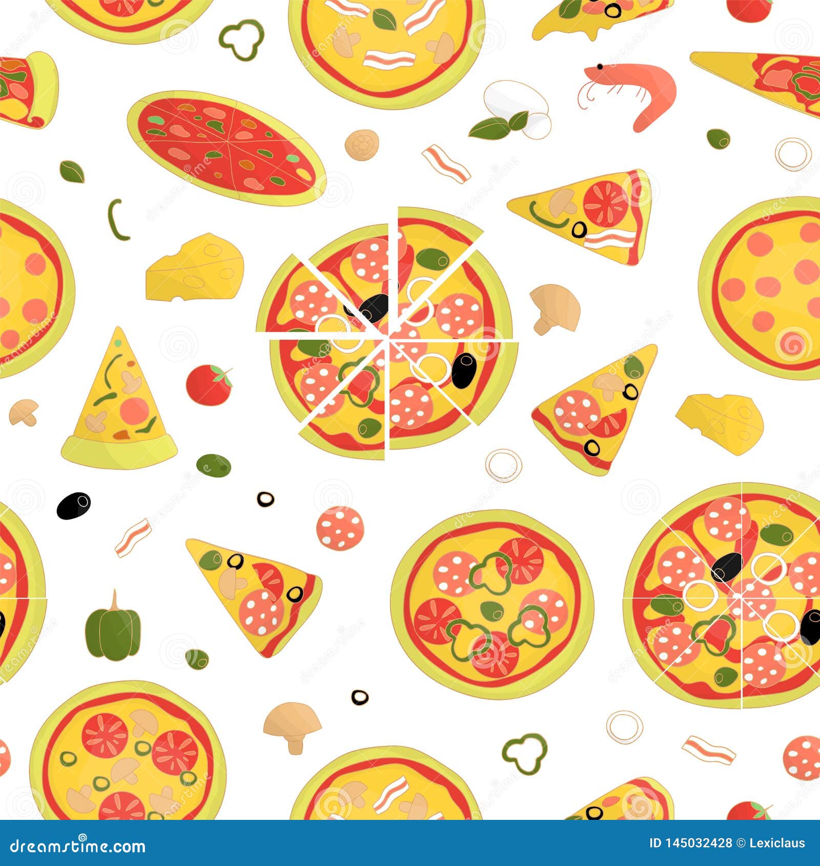 Vector Seamless Pattern of Colored Pizza Stock Vector - Illustration of ...