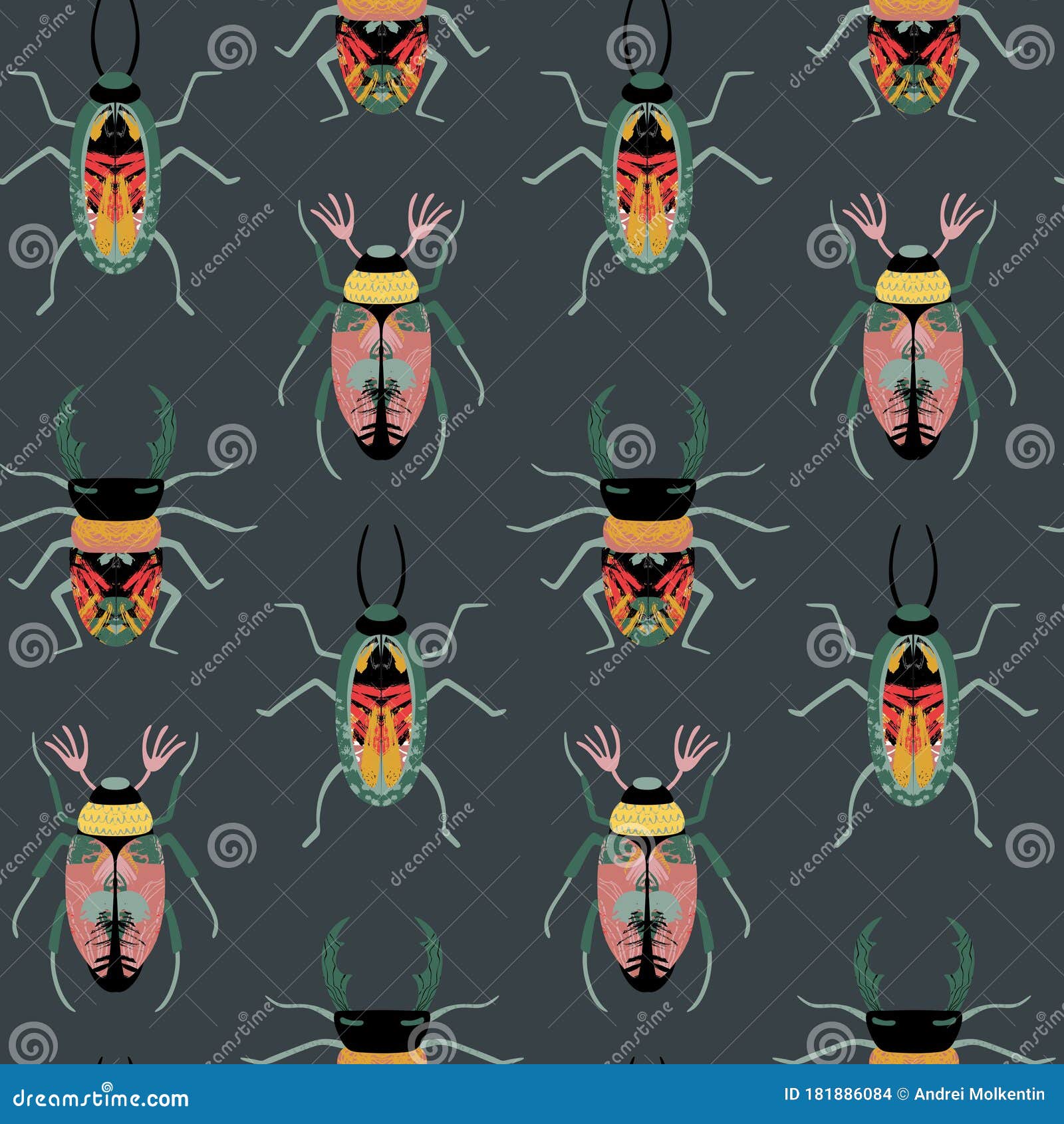 Vector Seamless Pattern with Colorful Insects, Beetle, Bug and Hand ...