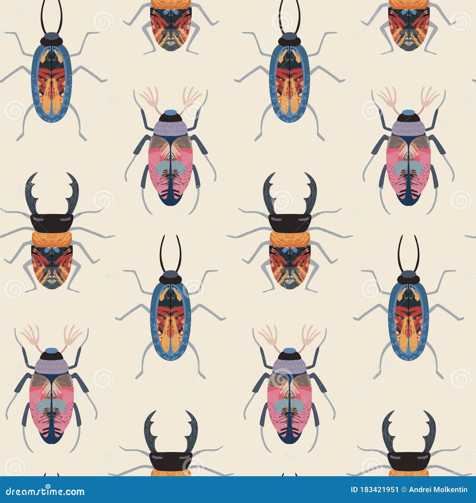 Vector Seamless Pattern with Colorful Insects, Beetle, Bug and Hand ...