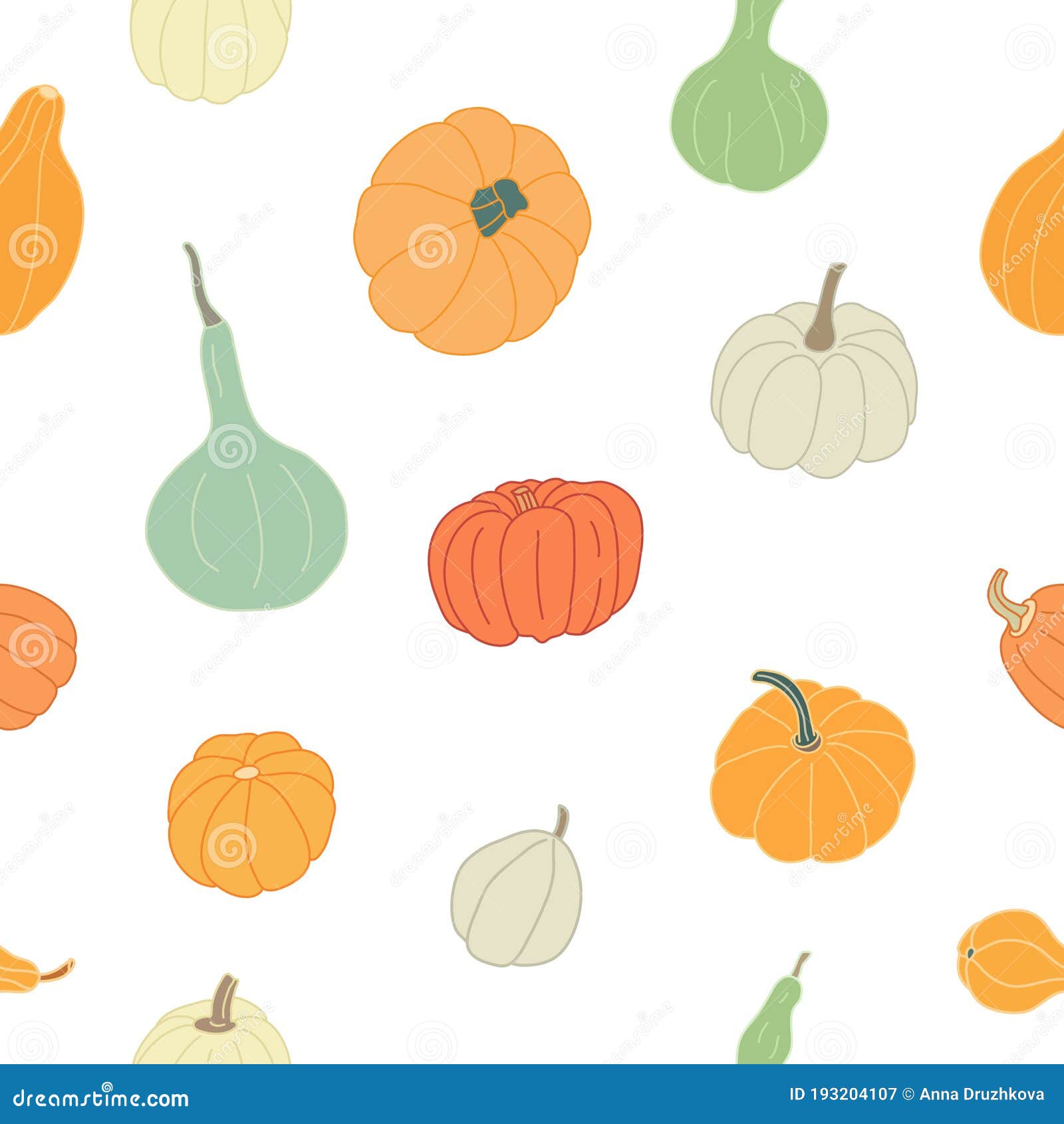 Vector Seamless Pattern with Colorful Squashes and Gourds on White ...