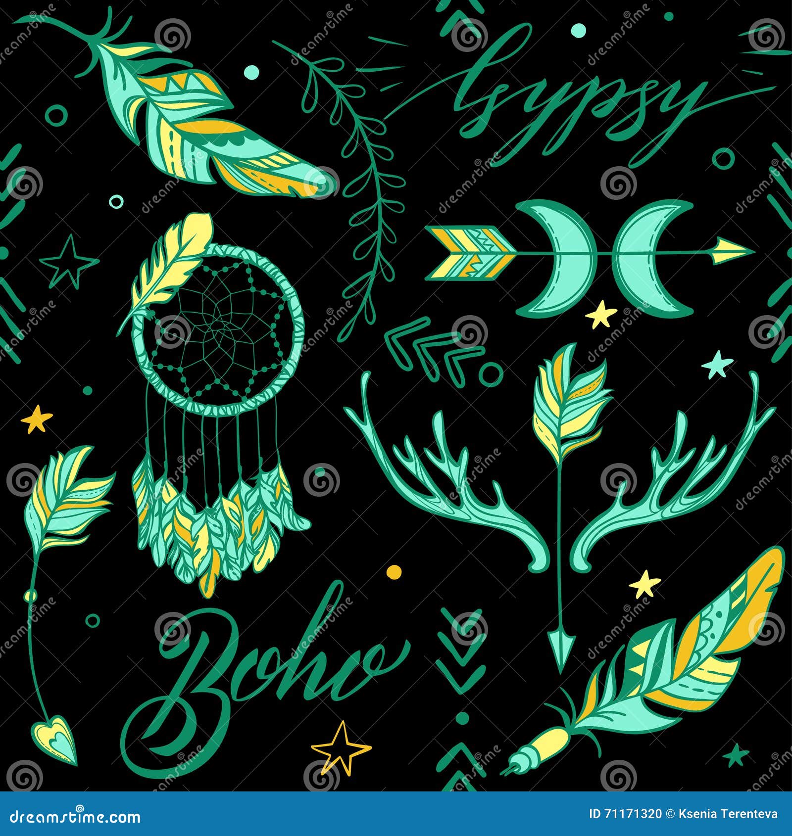 Vector Seamless Pattern Consist of Ornamental Boho Style Elements Stock ...