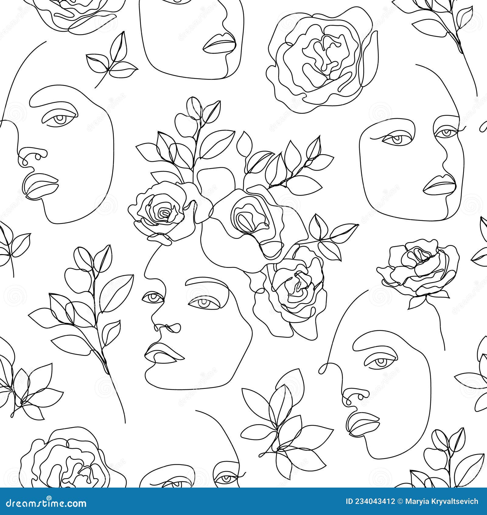 Vector Seamless Pattern. Continuous Line Art with Woman Face, Flowers ...