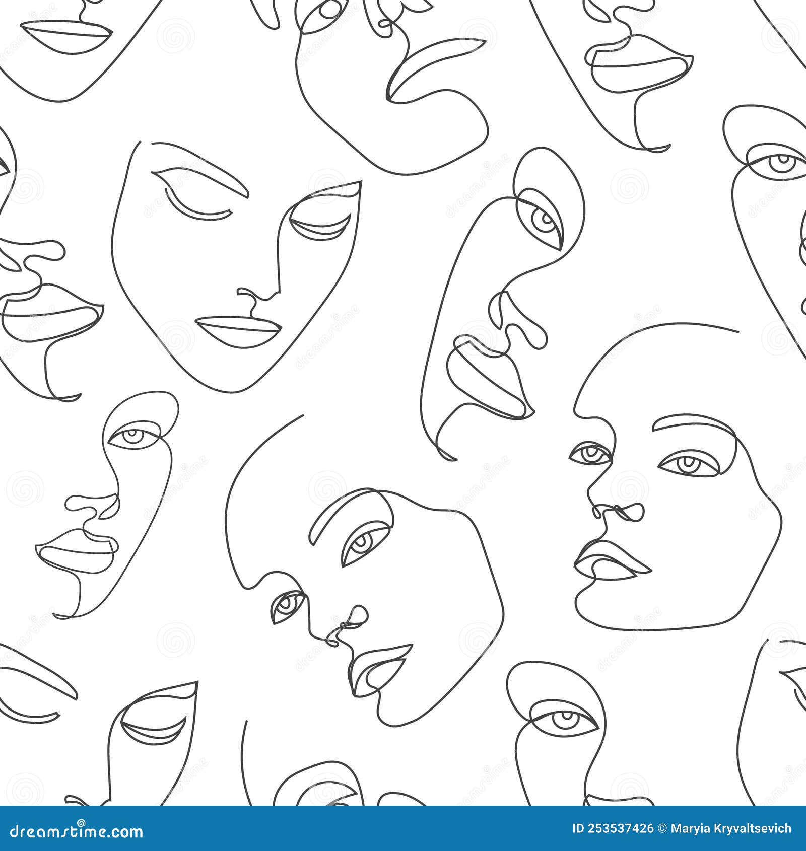 Vector Seamless Pattern Continuous Line Art With Woman Face Linear