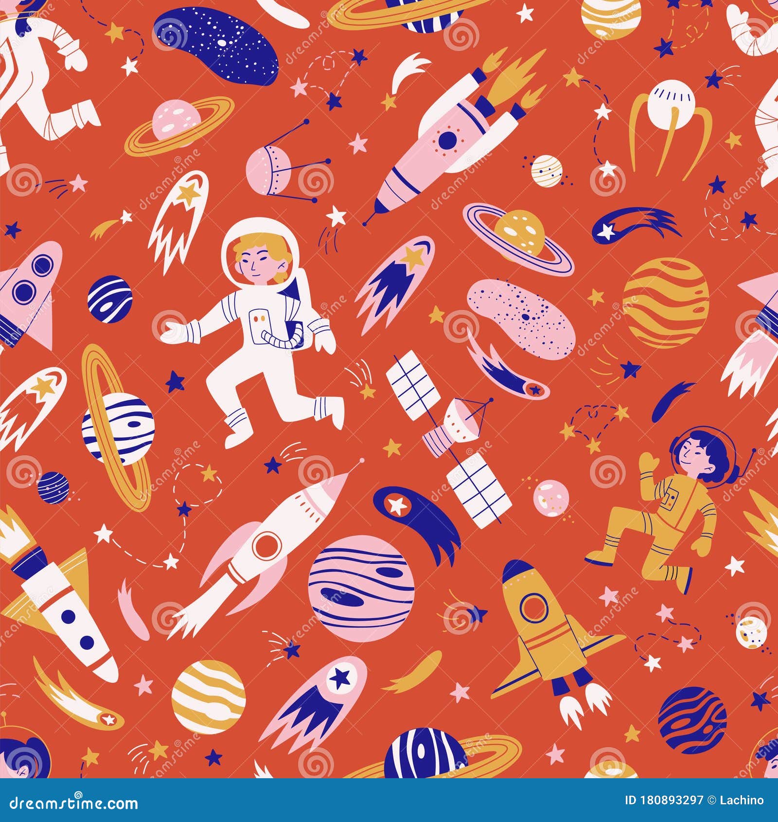 Vector Seamless Pattern with Cosmonauts, Satelites, Rockets, Planets ...