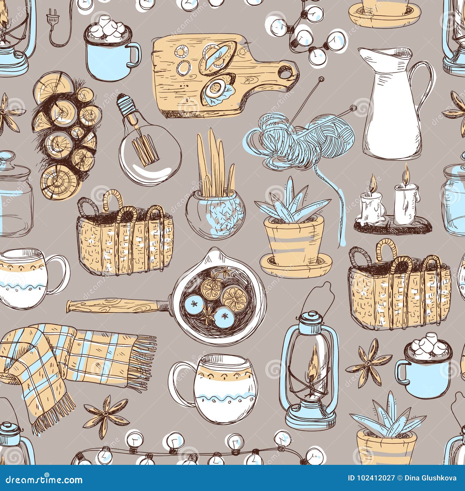 Vector Seamless Pattern. Cozy Hygge Elements, Home Interior Stock ...
