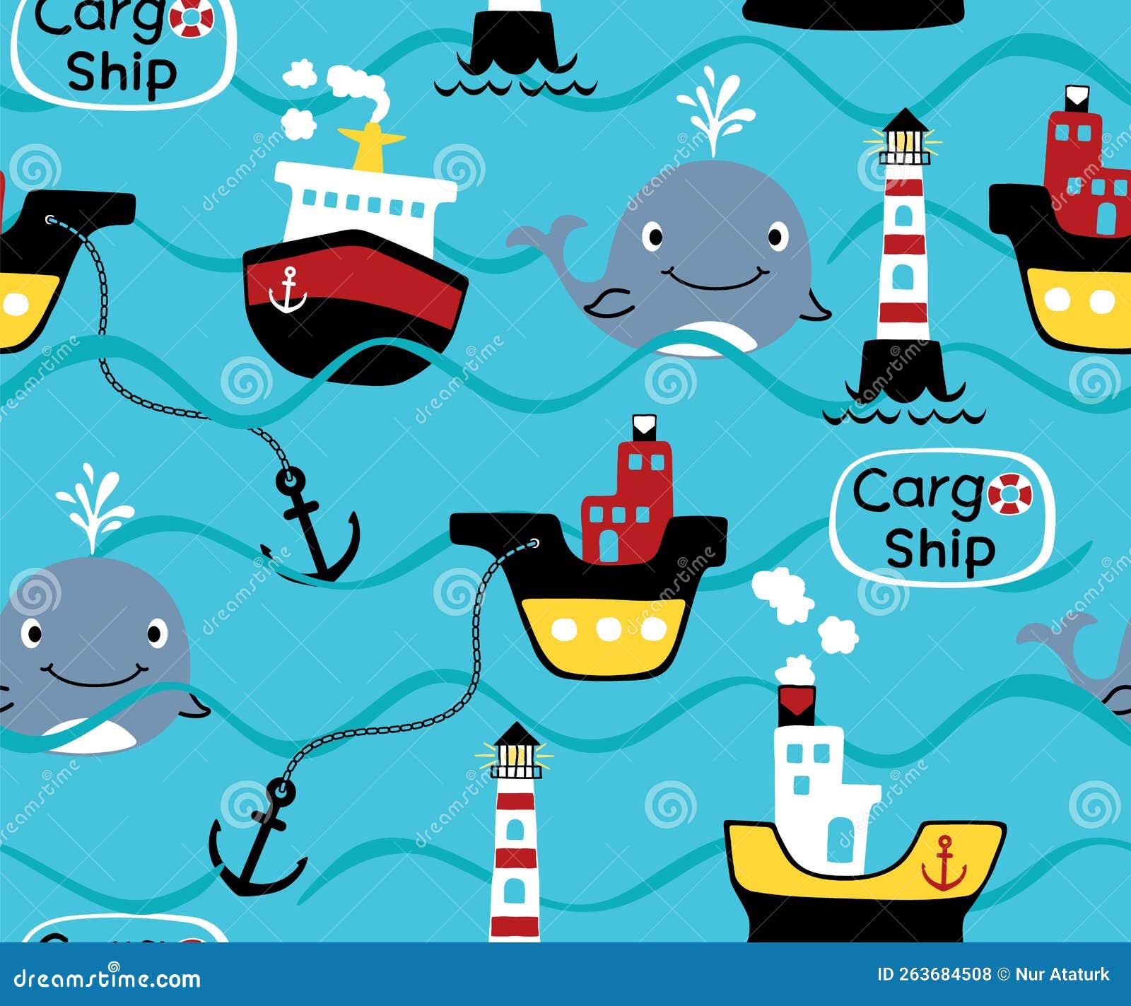 Vector Seamless Pattern of Cruise Elements Cartoon, Cargo Shipping ...