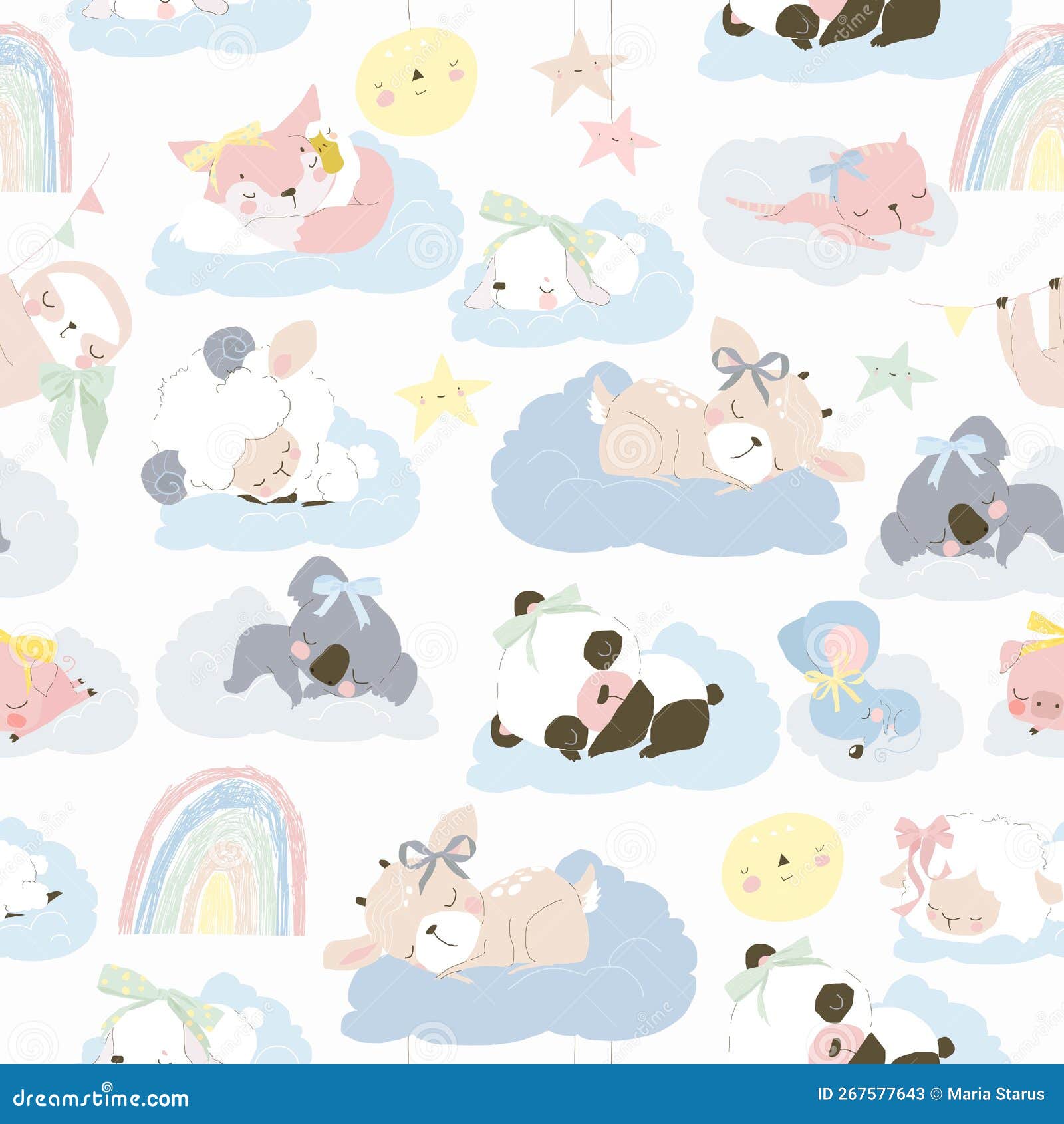 Seamless Pattern with Cute Animals Sleeping on Clouds Stock Vector ...