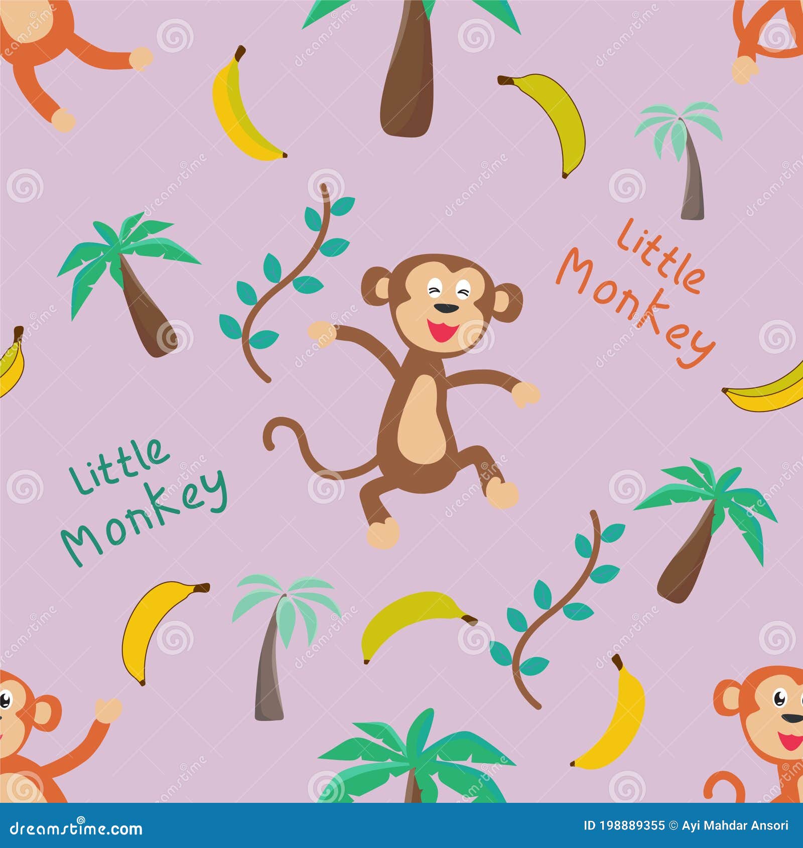 Vector Seamless Pattern with Cute Baby Monkey, Childish Texture in ...