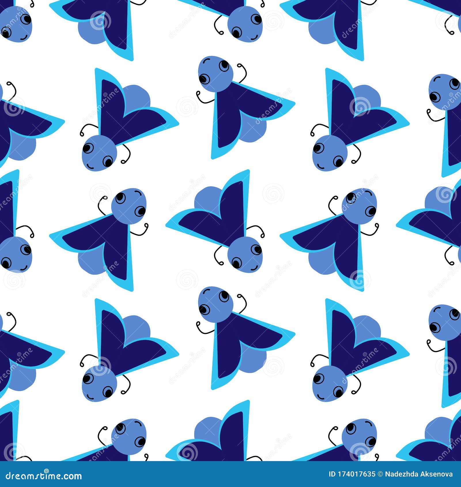 Vector Seamless Pattern with a Cute Blue Insect Bug on a White ...