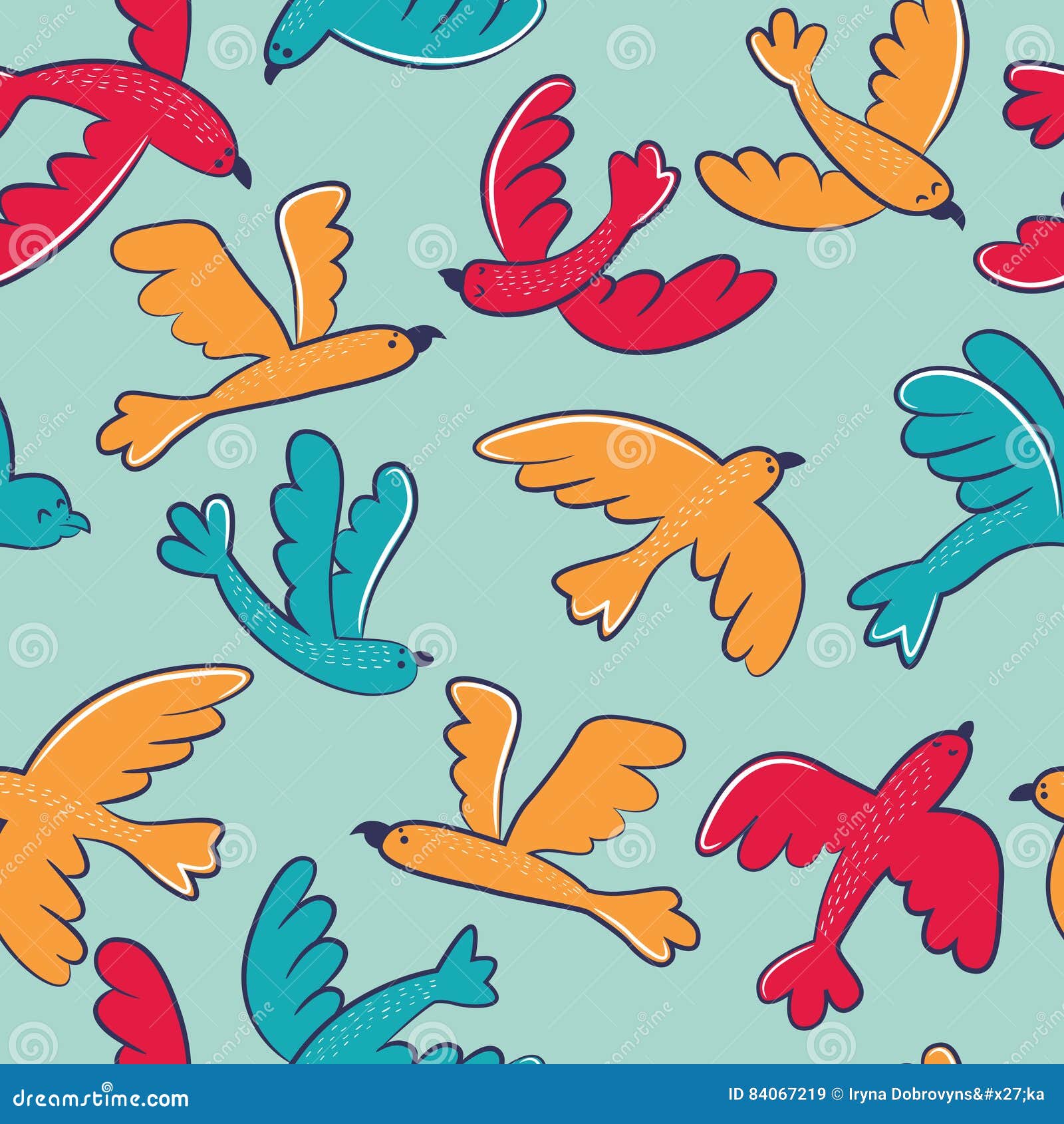 Vector Seamless Pattern with Cute Cartoon Birds Flying Stock Vector ...