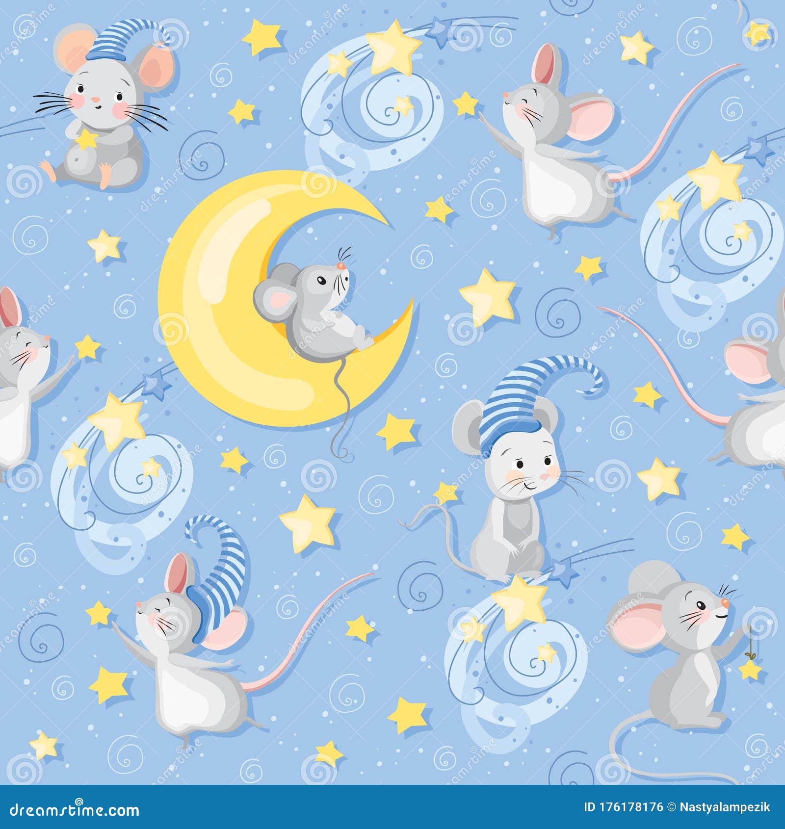 Vector Seamless Pattern with Cute Cartoon Mice in Night Caps with Moon ...