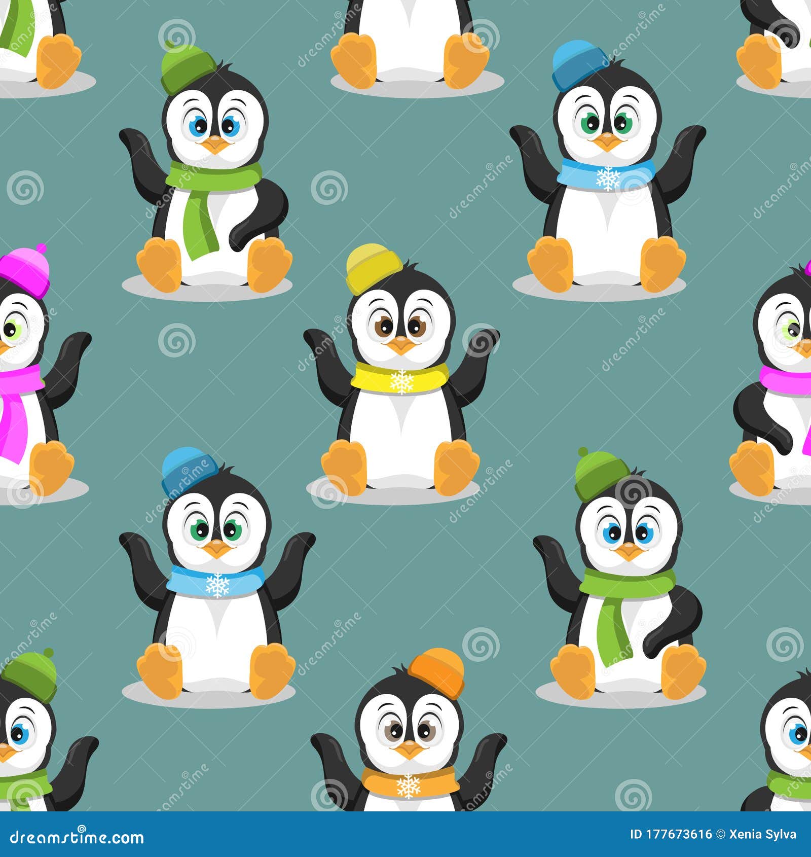 Vector Seamless Pattern with Cute Cartoon Penguins on Blue Background ...
