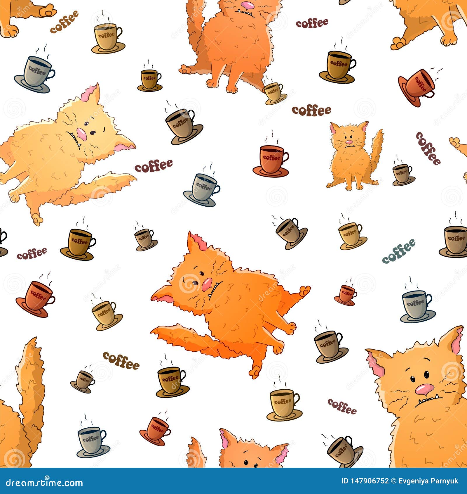 Vector Seamless Pattern with Cute Cartoon Weird Cats and Cups of Coffee ...