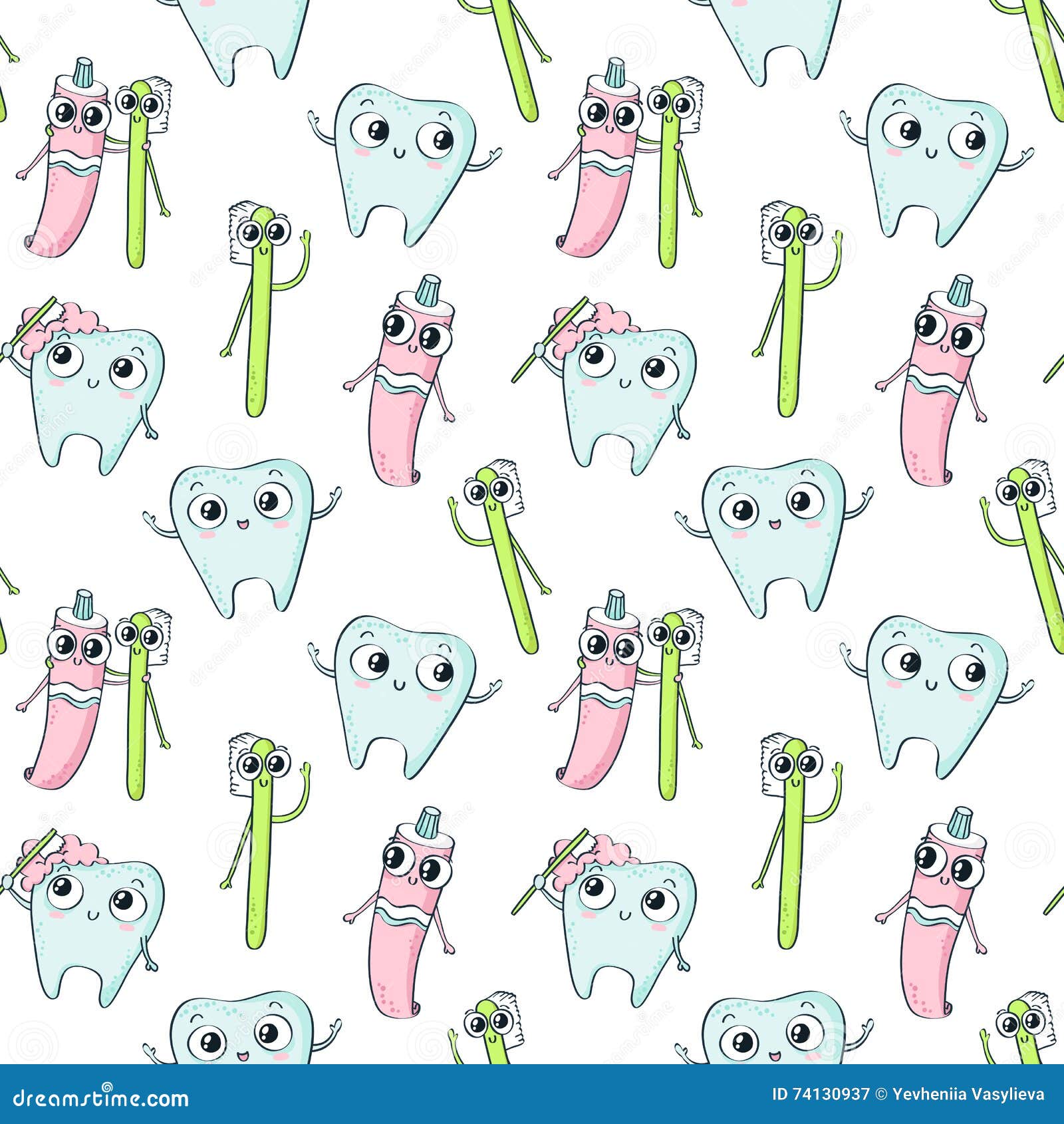 Vector Seamless Pattern with Cute Childish Characters - Tooth, T Stock ...
